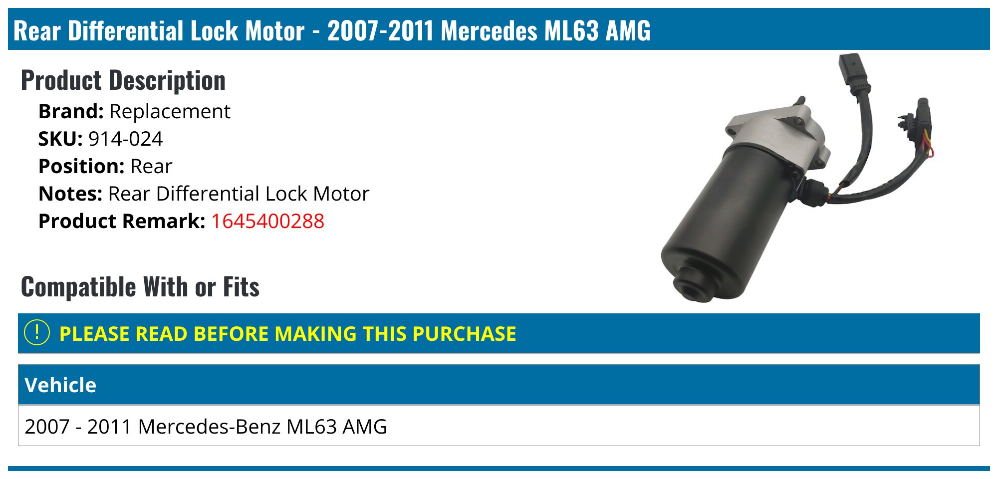 2007-2011 Mercedes ML63 AMG Differential Lock Motor - Replacement 914 ...