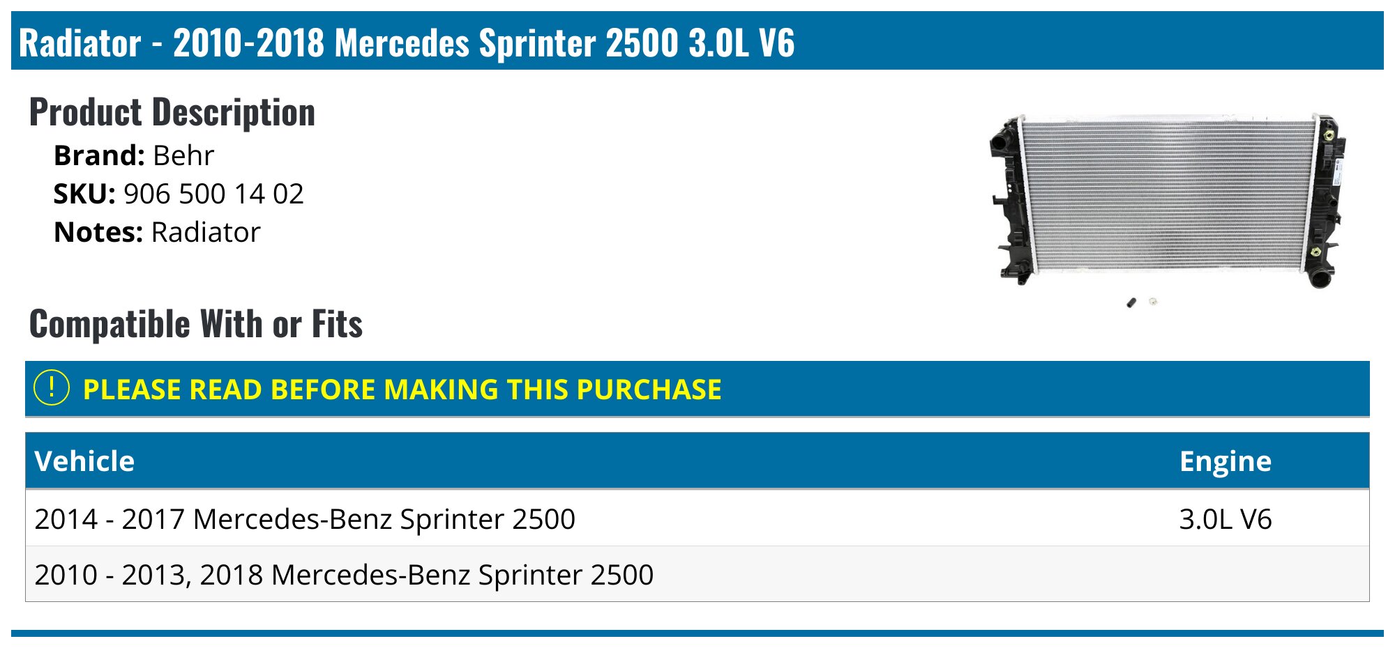 2010-2018 Mercedes Sprinter 2500 Radiator - Behr 906 500 14 02 ...