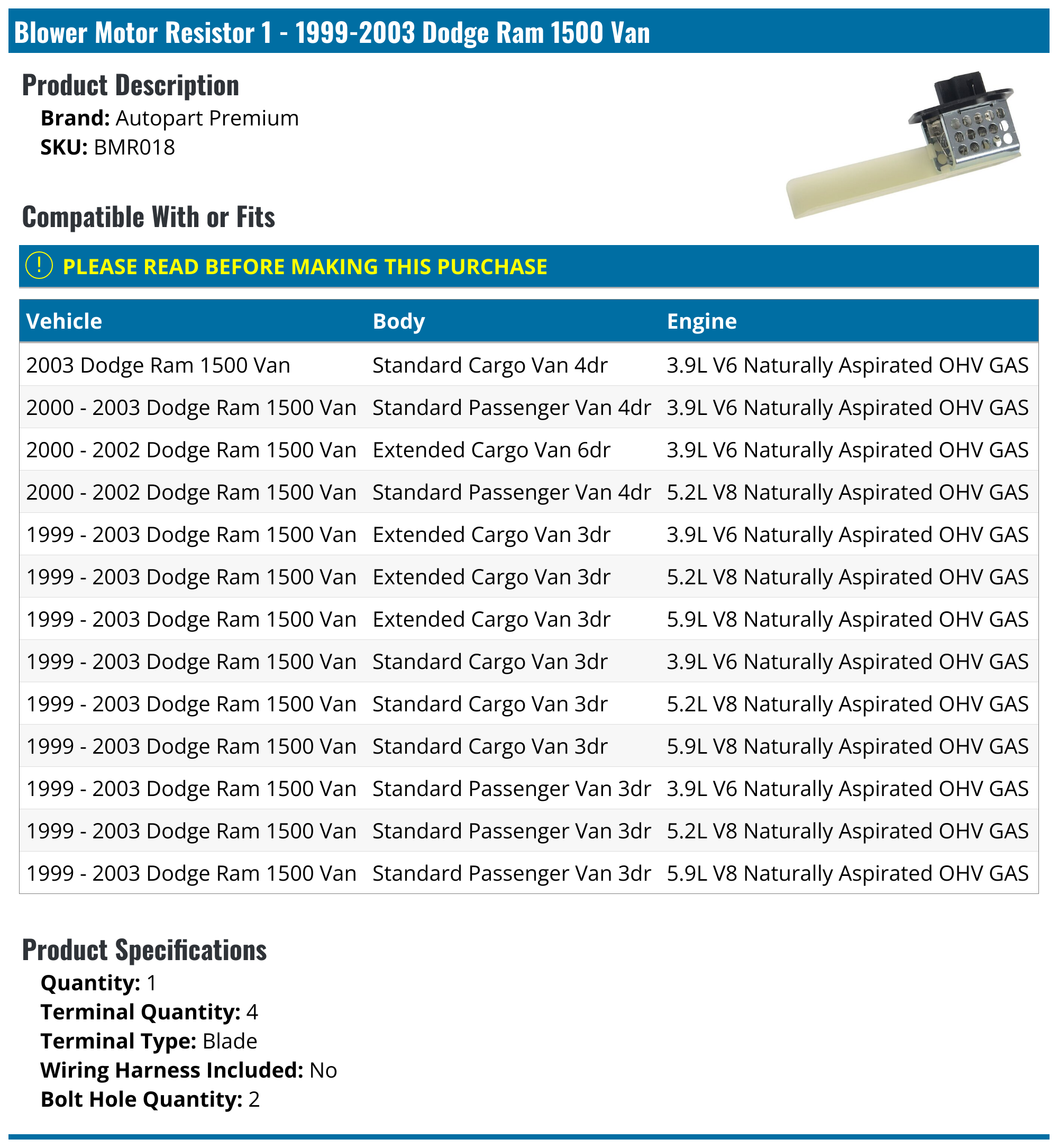 1999-2003 Dodge Ram 1500 Van Blower Motor Resistor - Autopart Premium ...