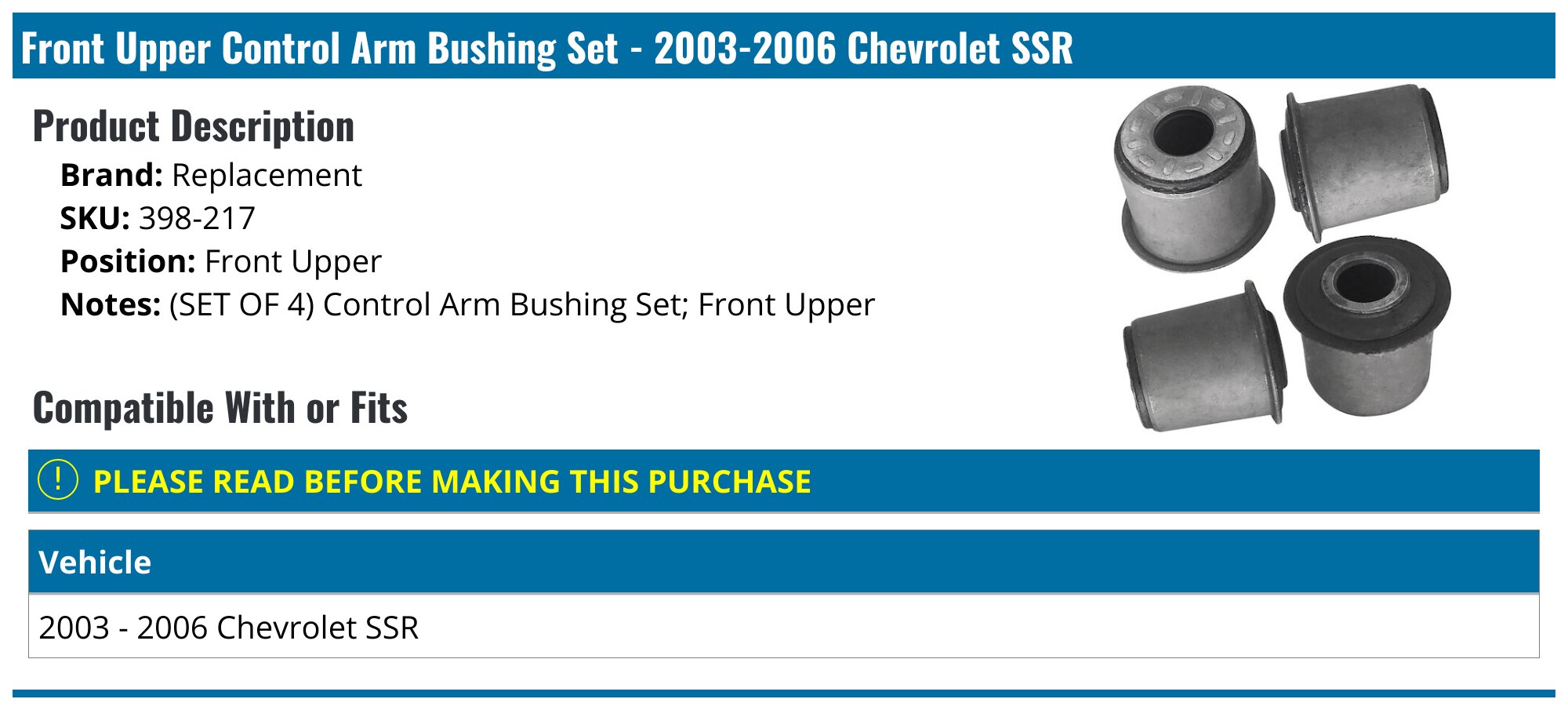 2003-2006 Chevrolet SSR Control Arm Bushing - Replacement 398-217 ...