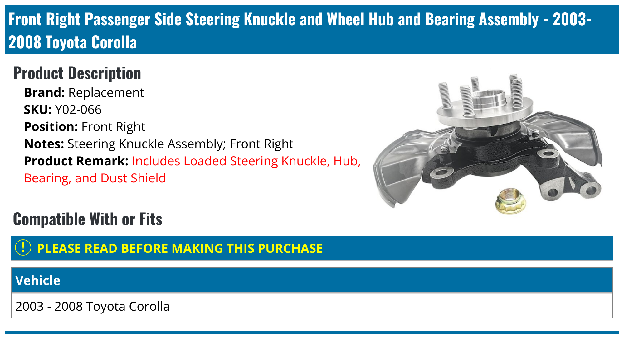 2003-2008 Toyota Corolla Wheel Hub Assembly - Replacement Y02-066 ...