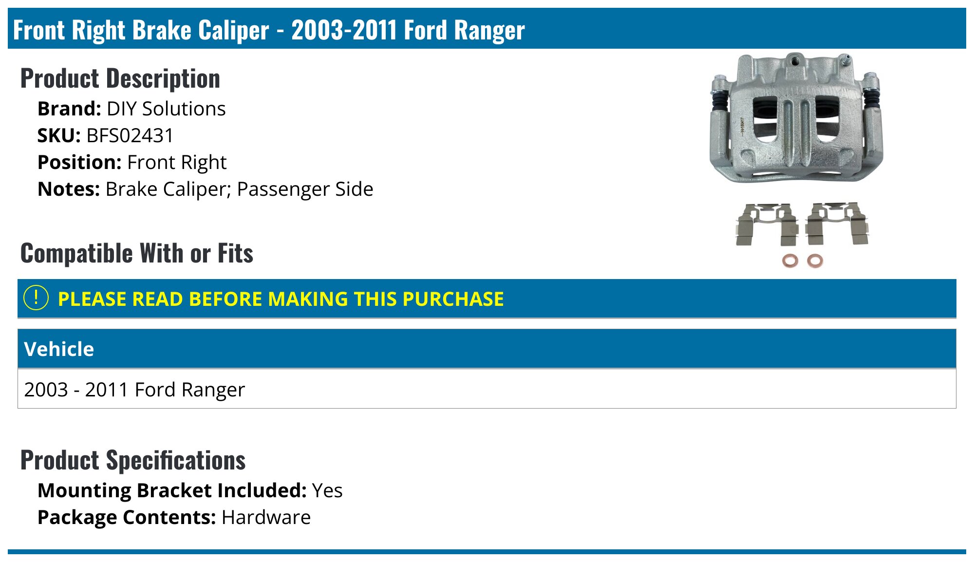 2003-2011 Ford Ranger Brake Caliper - DIY Solutions BFS02431 - Front ...