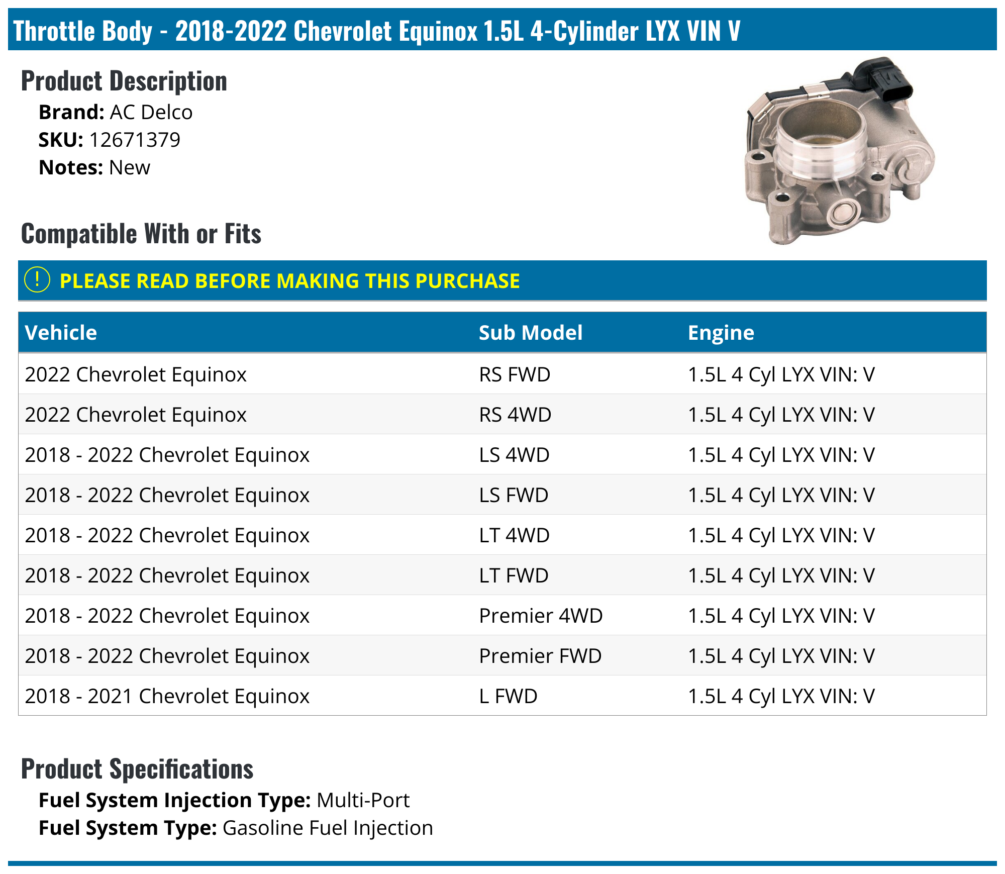 2018-2022 Chevrolet Equinox Throttle Body - AC Delco 12671379 ...