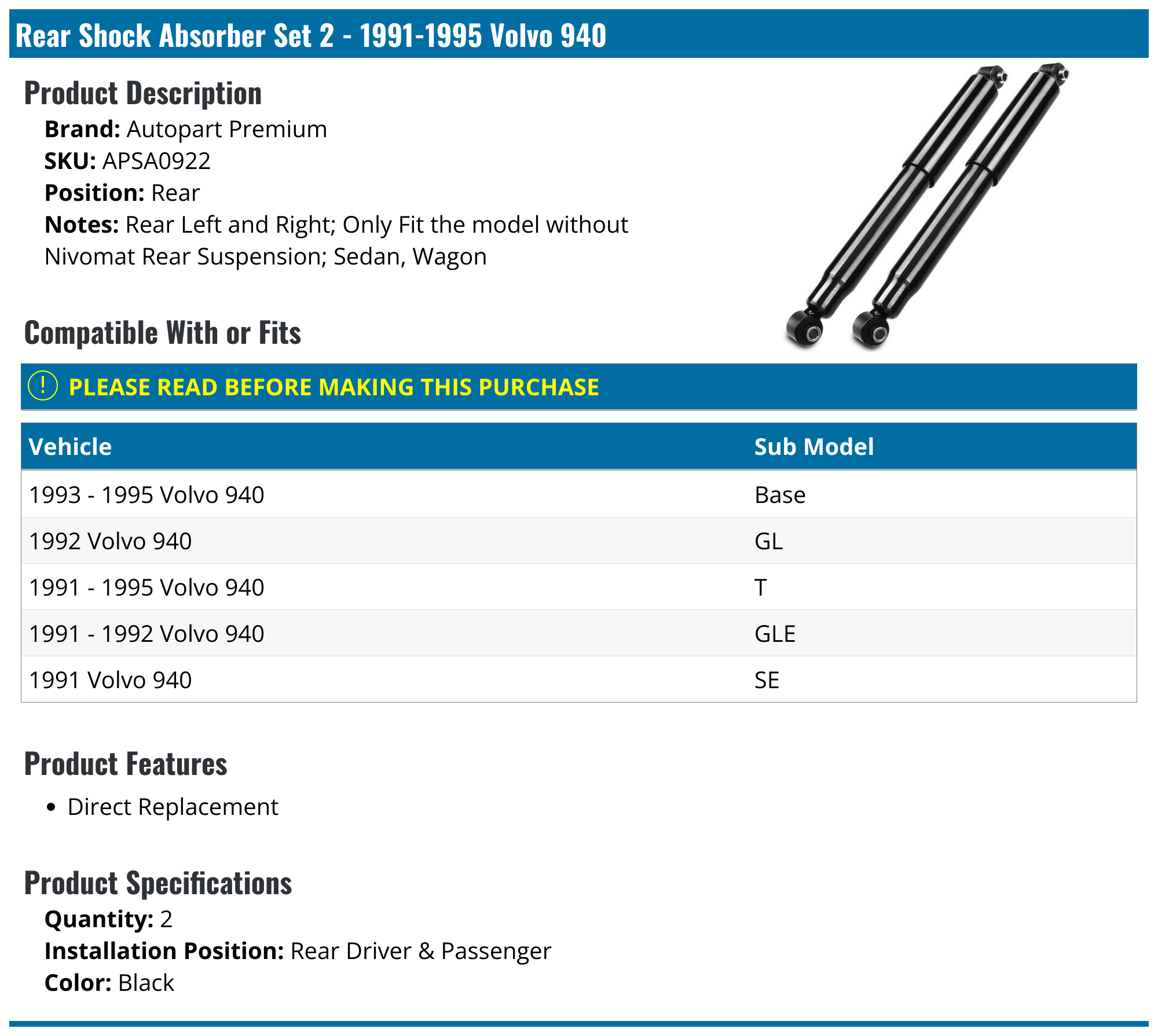 1991-1995 Volvo 940 Shock Absorber - Autopart Premium APSA0922 - Rear ...