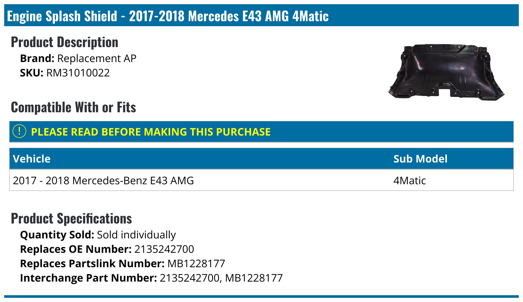 2017-2018 Mercedes E43 AMG Lower Engine Cover - Replacement AP ...