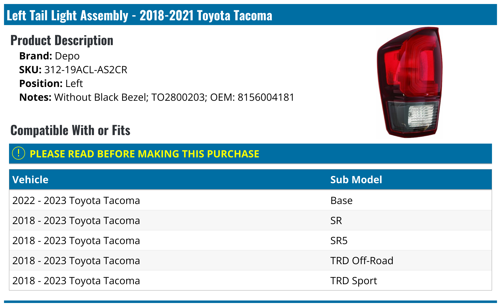 2018-2023 Toyota Tacoma Tail Light Assembly - Depo 312-19ACL-AS2CR ...