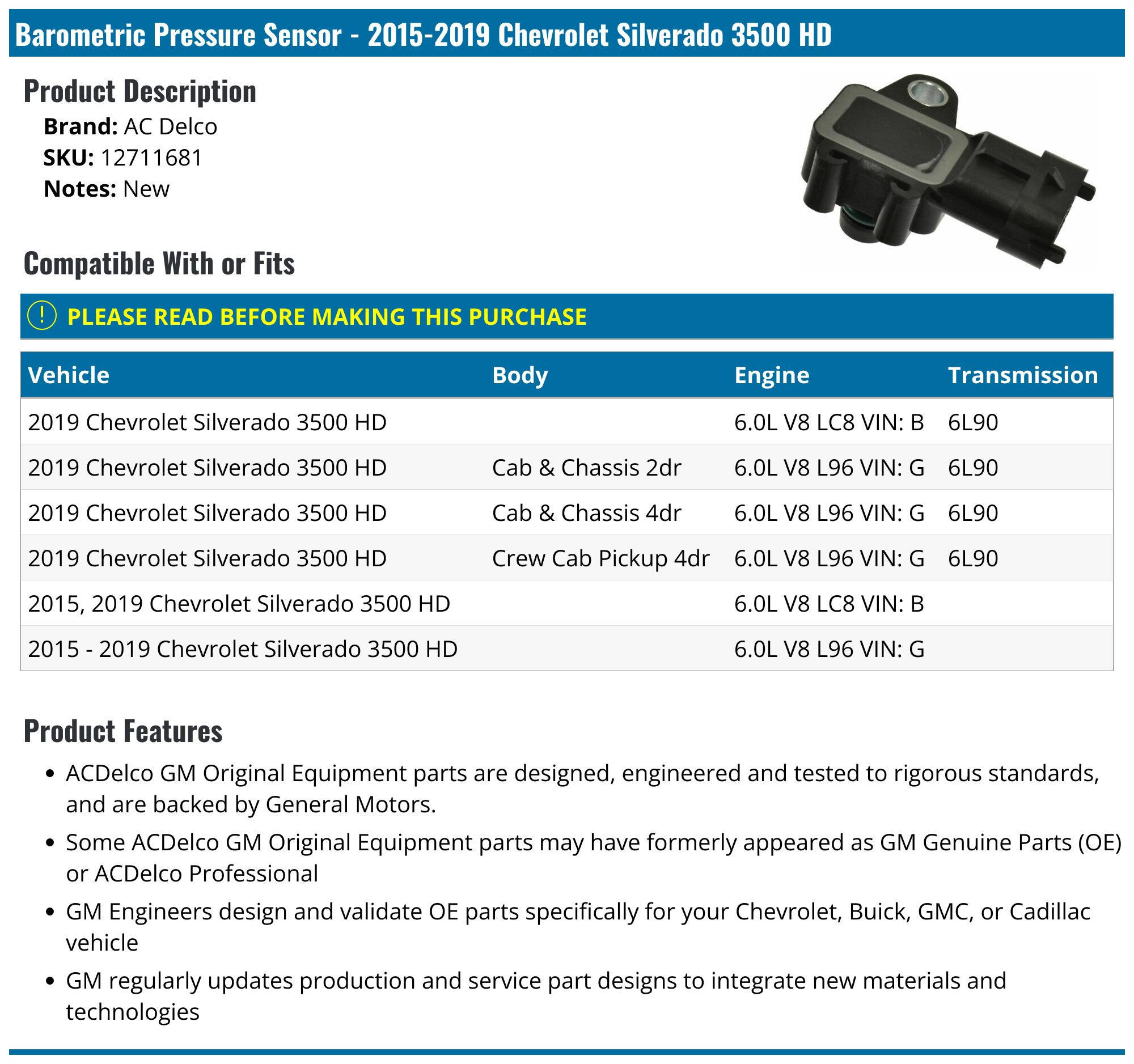 2015-2019 Chevrolet Silverado 3500 HD Barometric Pressure Sensor - AC ...