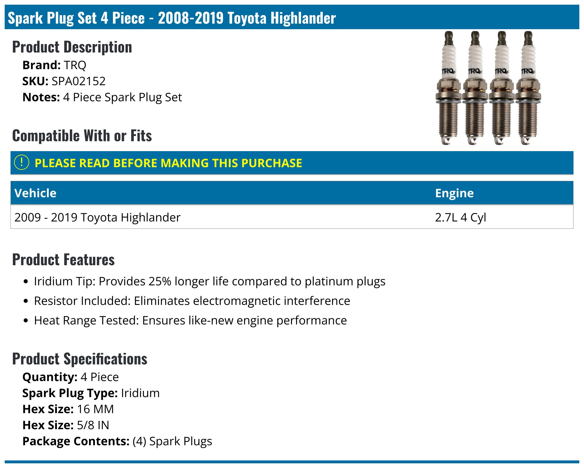 2009-2019 Toyota Highlander Spark Plug - TRQ SPA02152 - PartsGeek.com