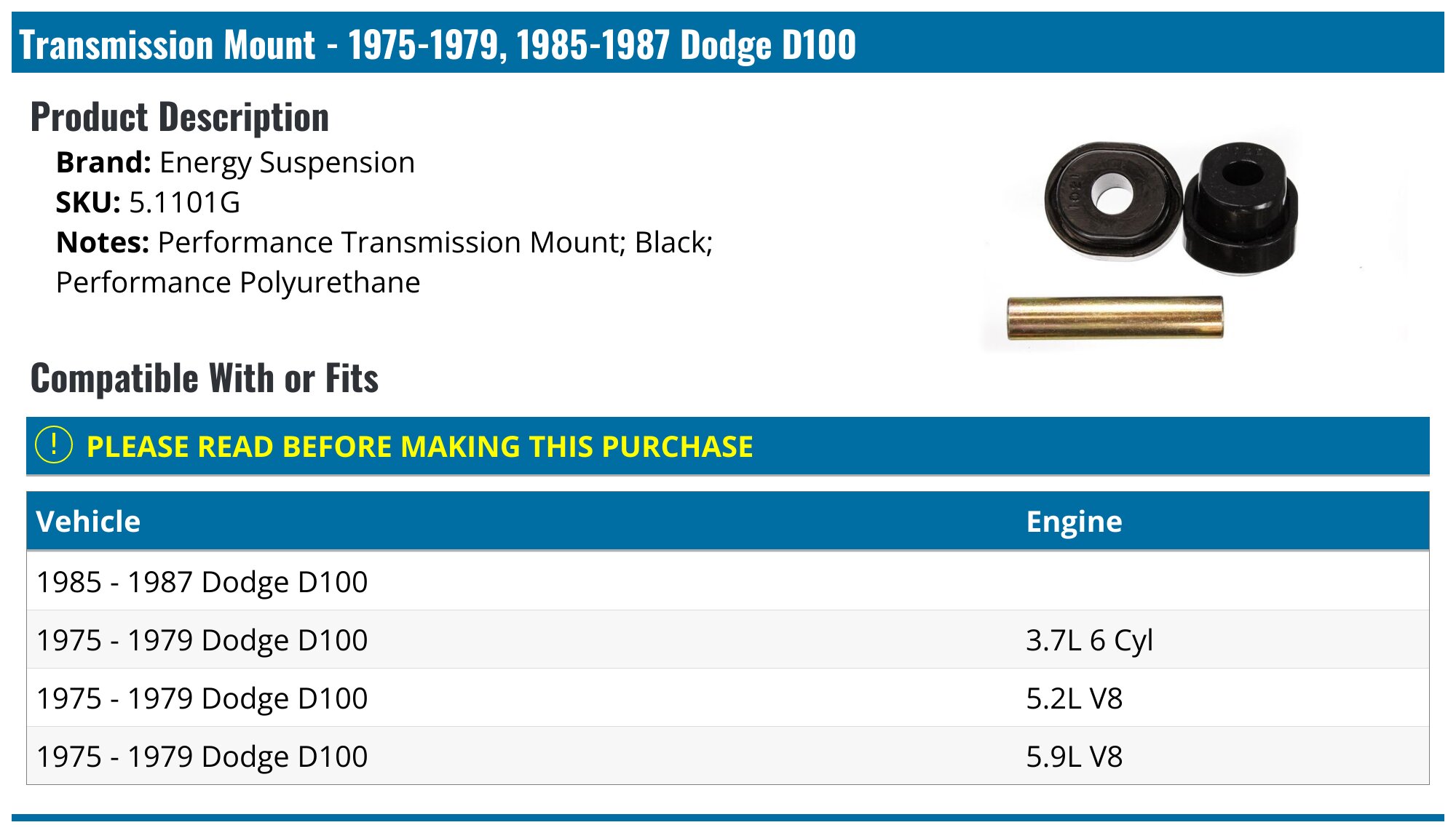 1975-1979, 1985-1987 Dodge D100 Transmission Mount - Energy Suspension ...