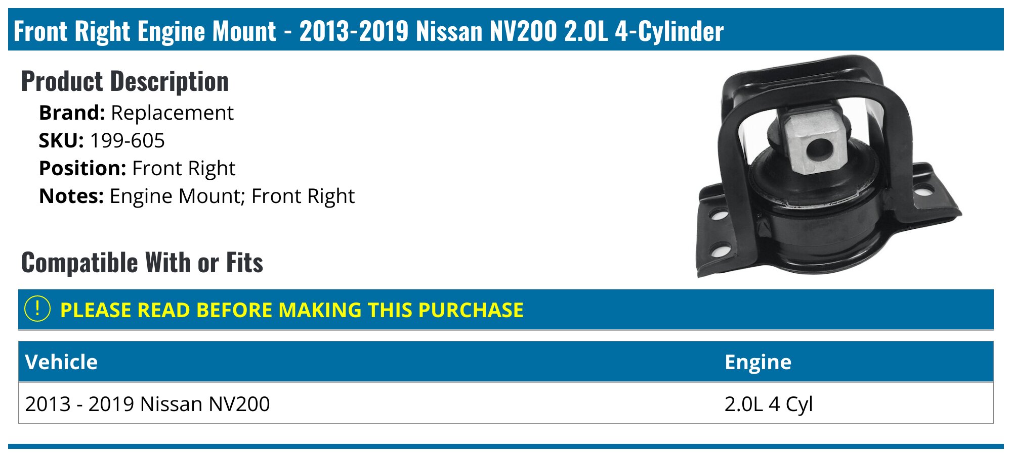 2013-2019 Nissan NV200 Engine Mount - Replacement 199-605 - Front Right ...