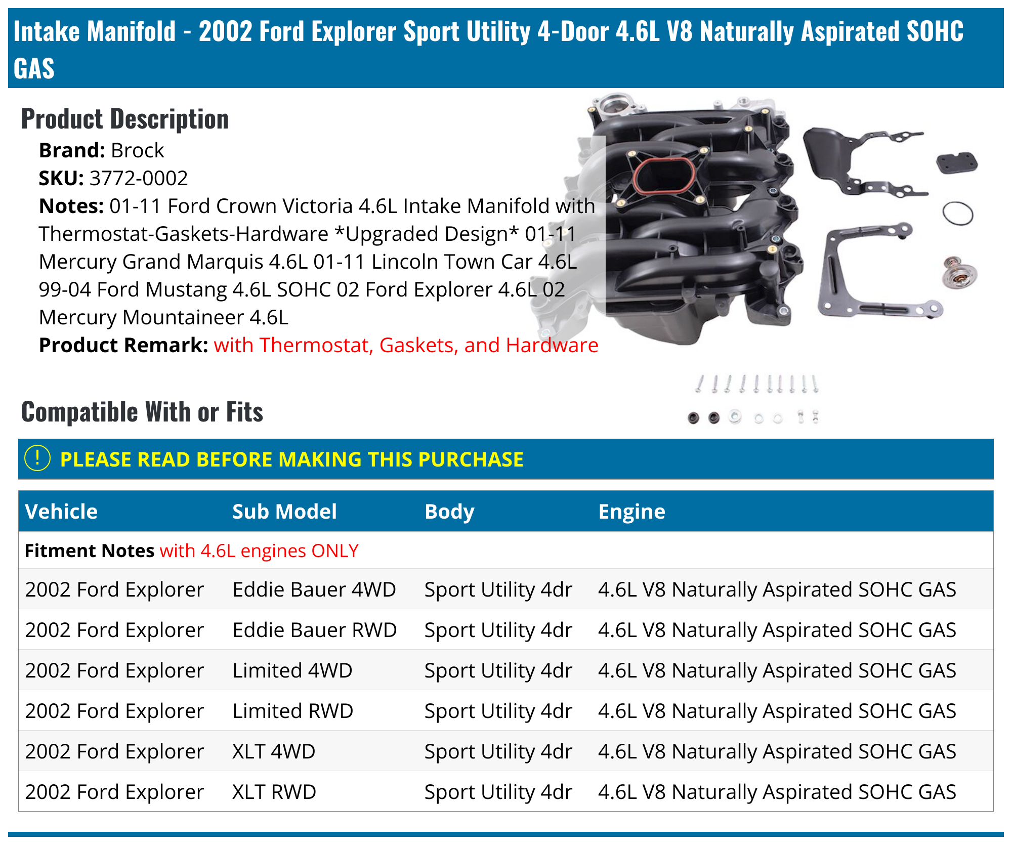 2002 Ford Explorer Intake Manifold - Brock 3772-0002 - PartsGeek.com