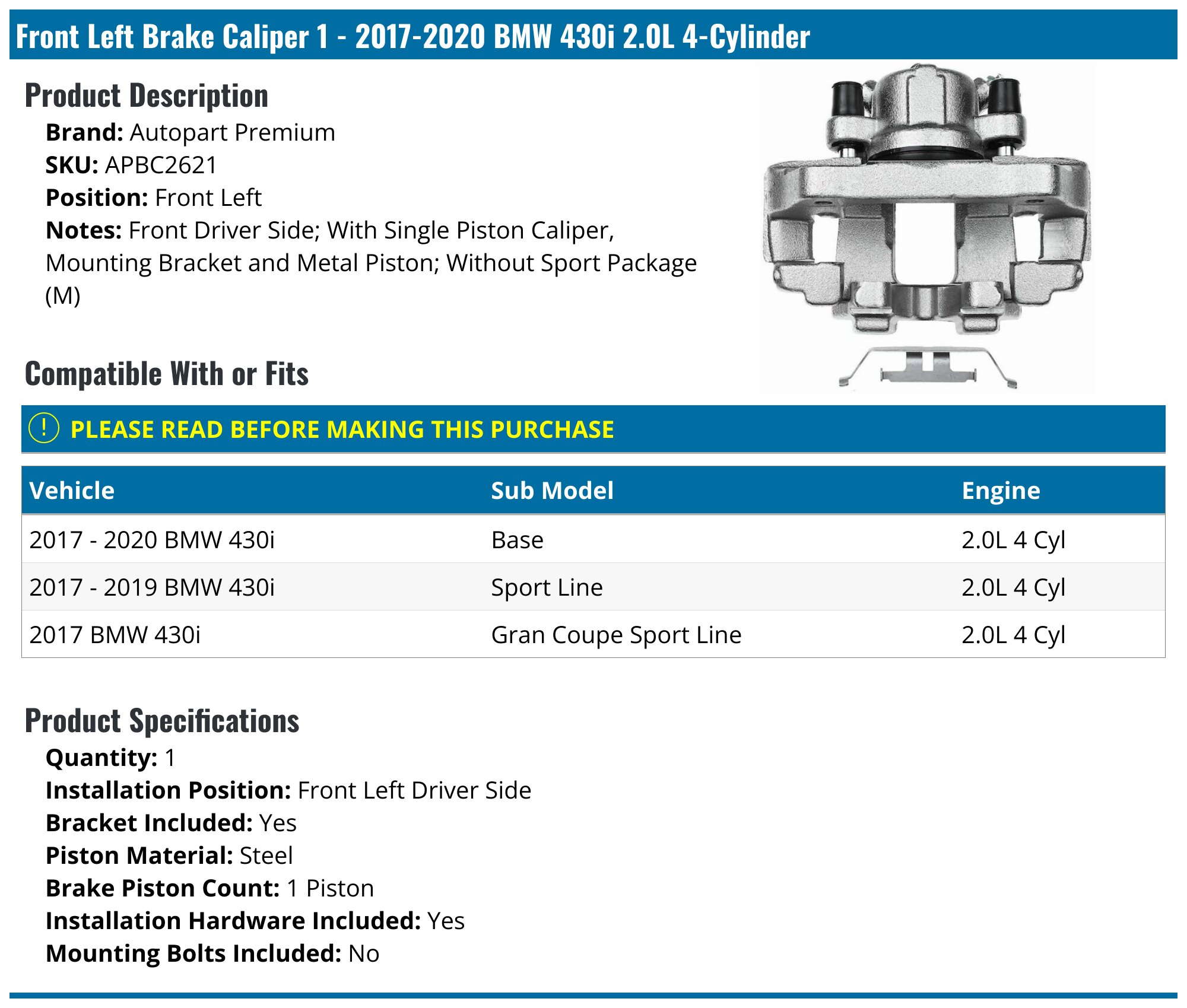 2017-2020 BMW 430i Brake Caliper - Autopart Premium APBC2621 - Front ...