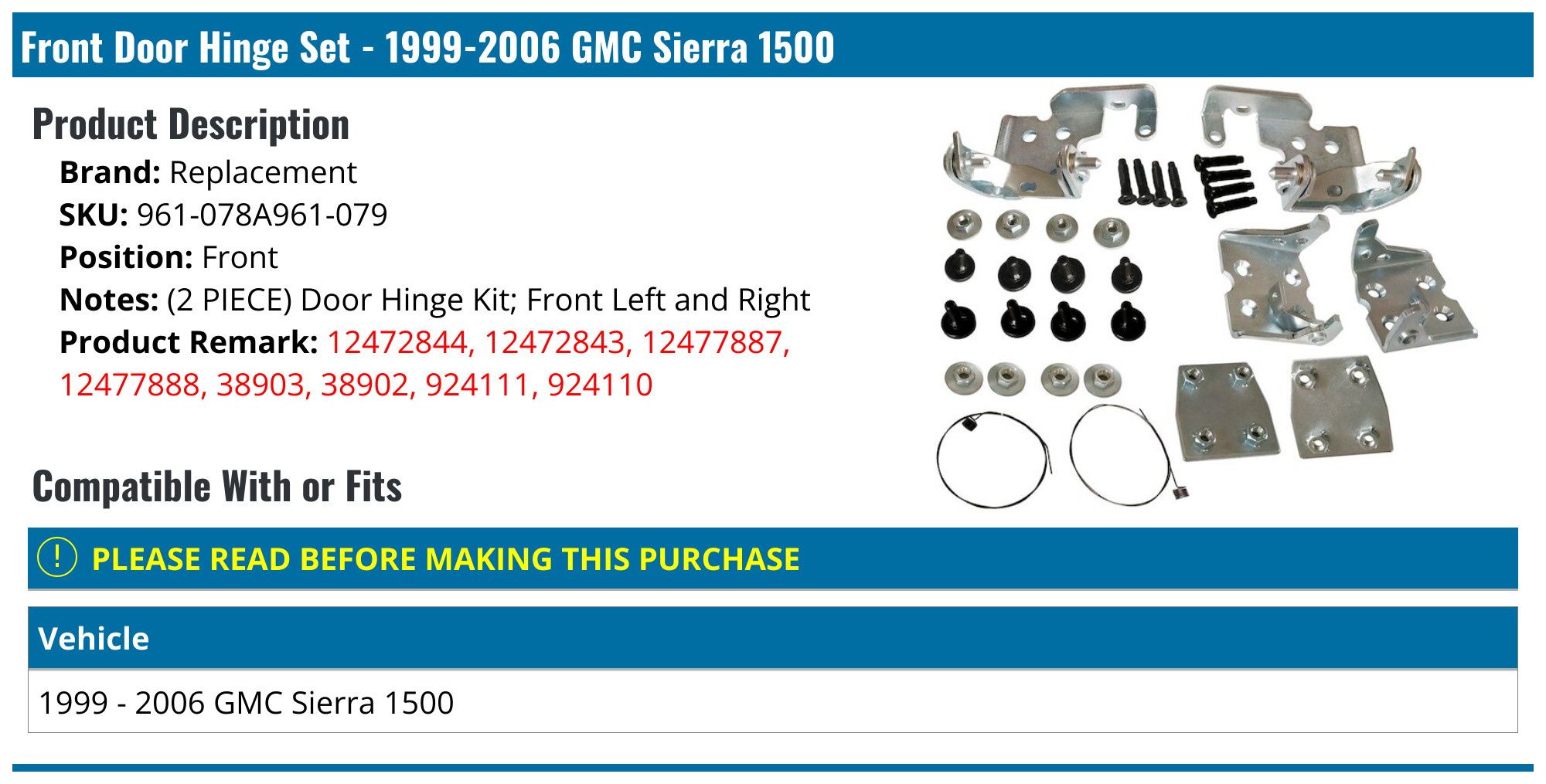 1999-2006 GMC Sierra 1500 Door Hinge - Replacement 961-078A961-079 ...