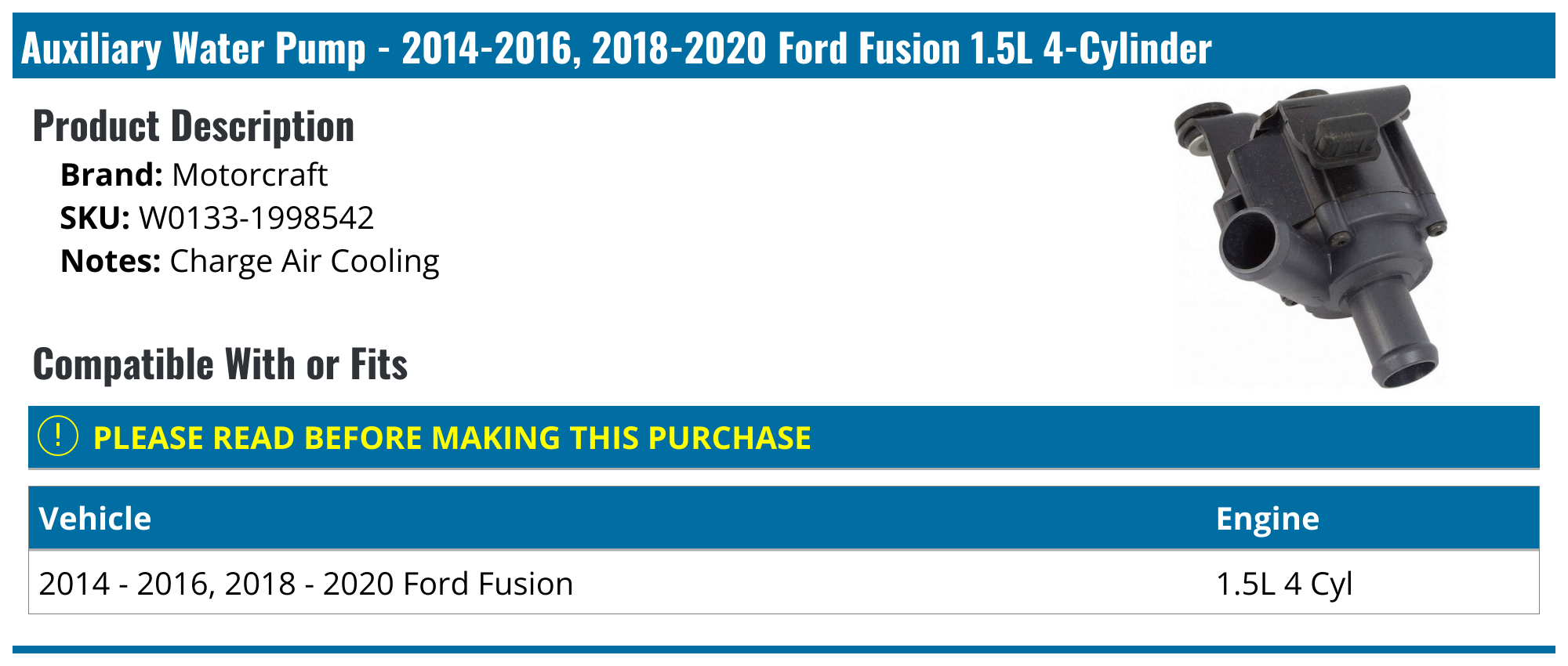 2014-2016, 2018-2020 Ford Fusion Water Pump - Motorcraft W0133-1998542 ...