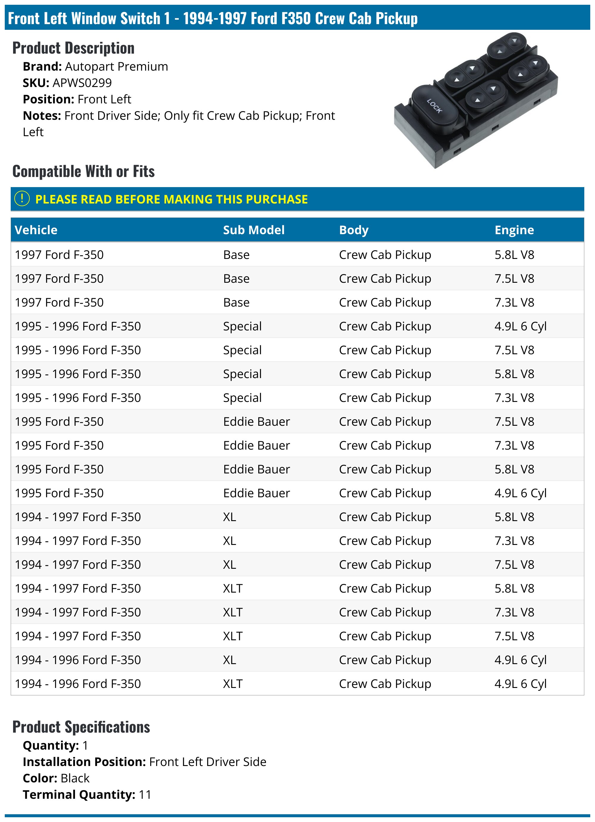 1994-1997 Ford F350 Window Switch - Autopart Premium APWS0299 - Front ...
