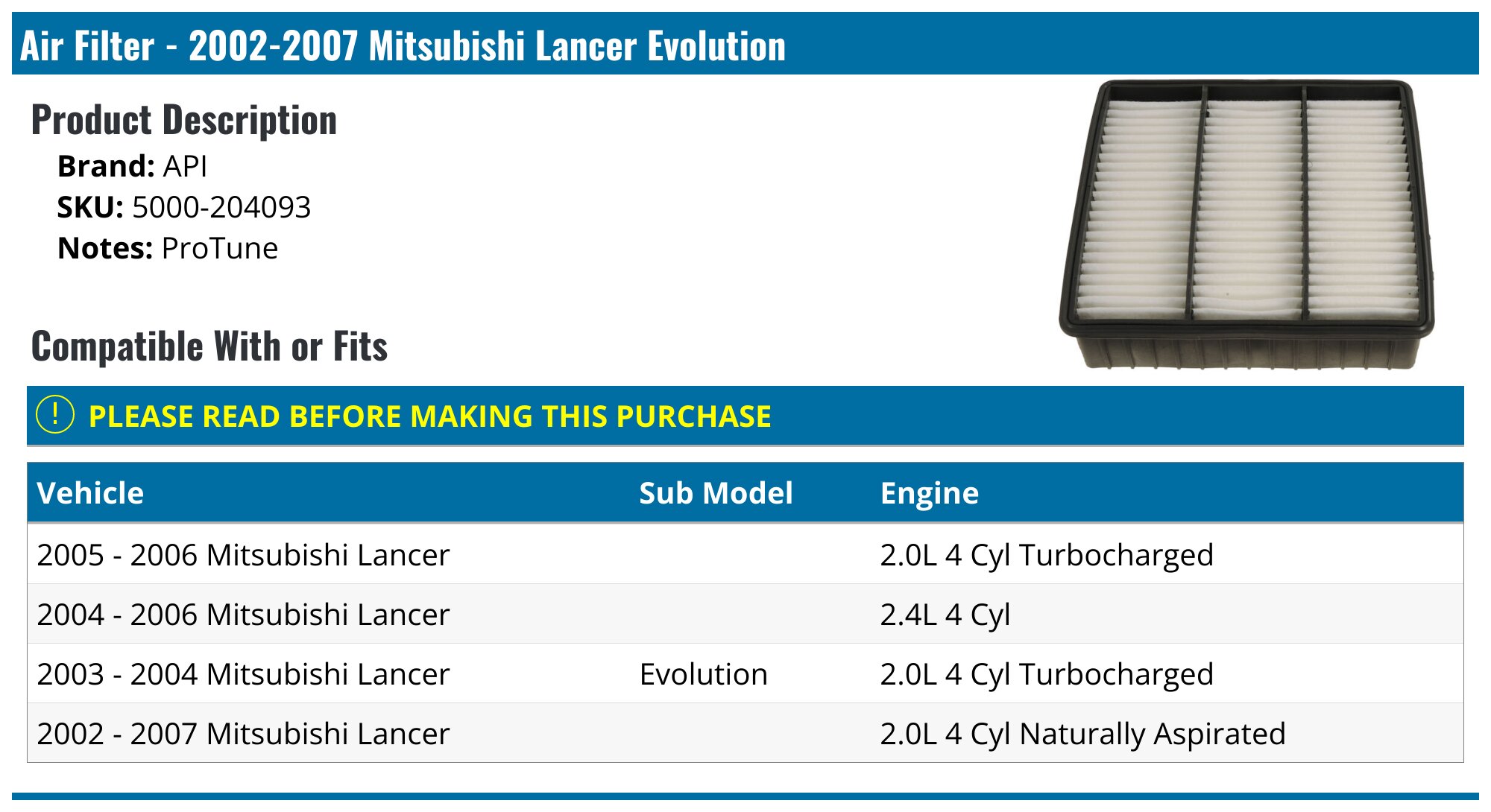 2002-2007 Mitsubishi Lancer Air Filter - API 7175-07862839 - PartsGeek.com