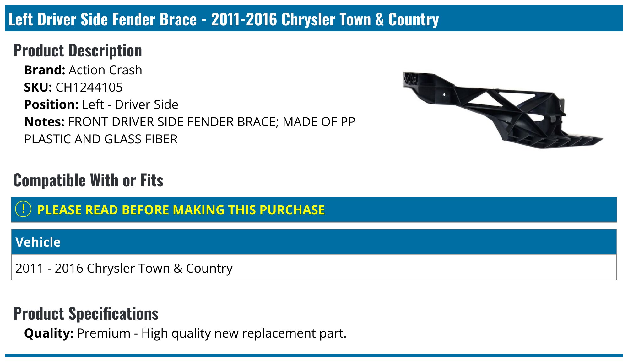 2011-2016 Chrysler Town & Country Fender Brace - Action Crash CH1244105 ...