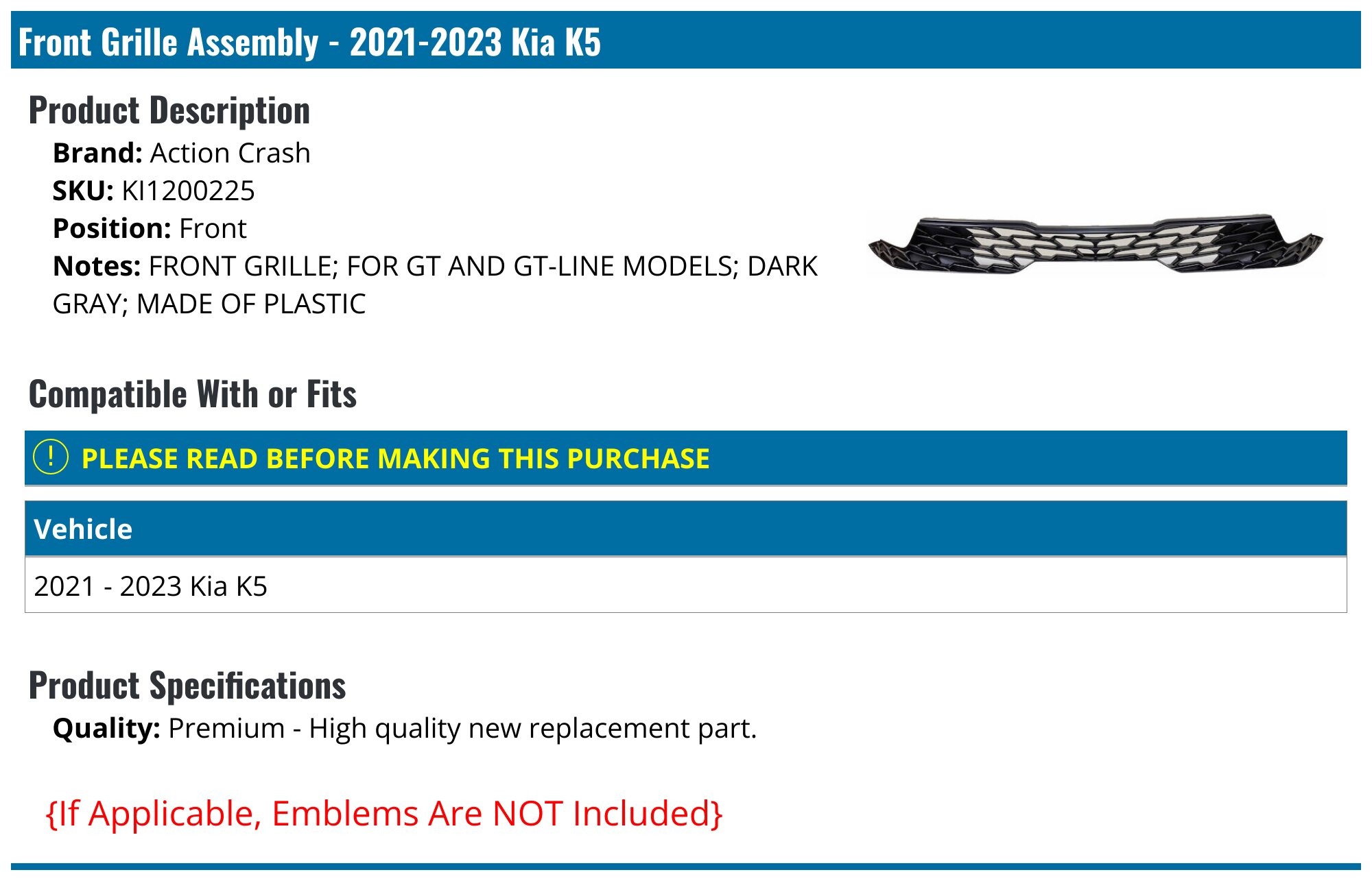 2021-2024 Kia K5 Grille Assembly - Action Crash KI1200225 - Front ...