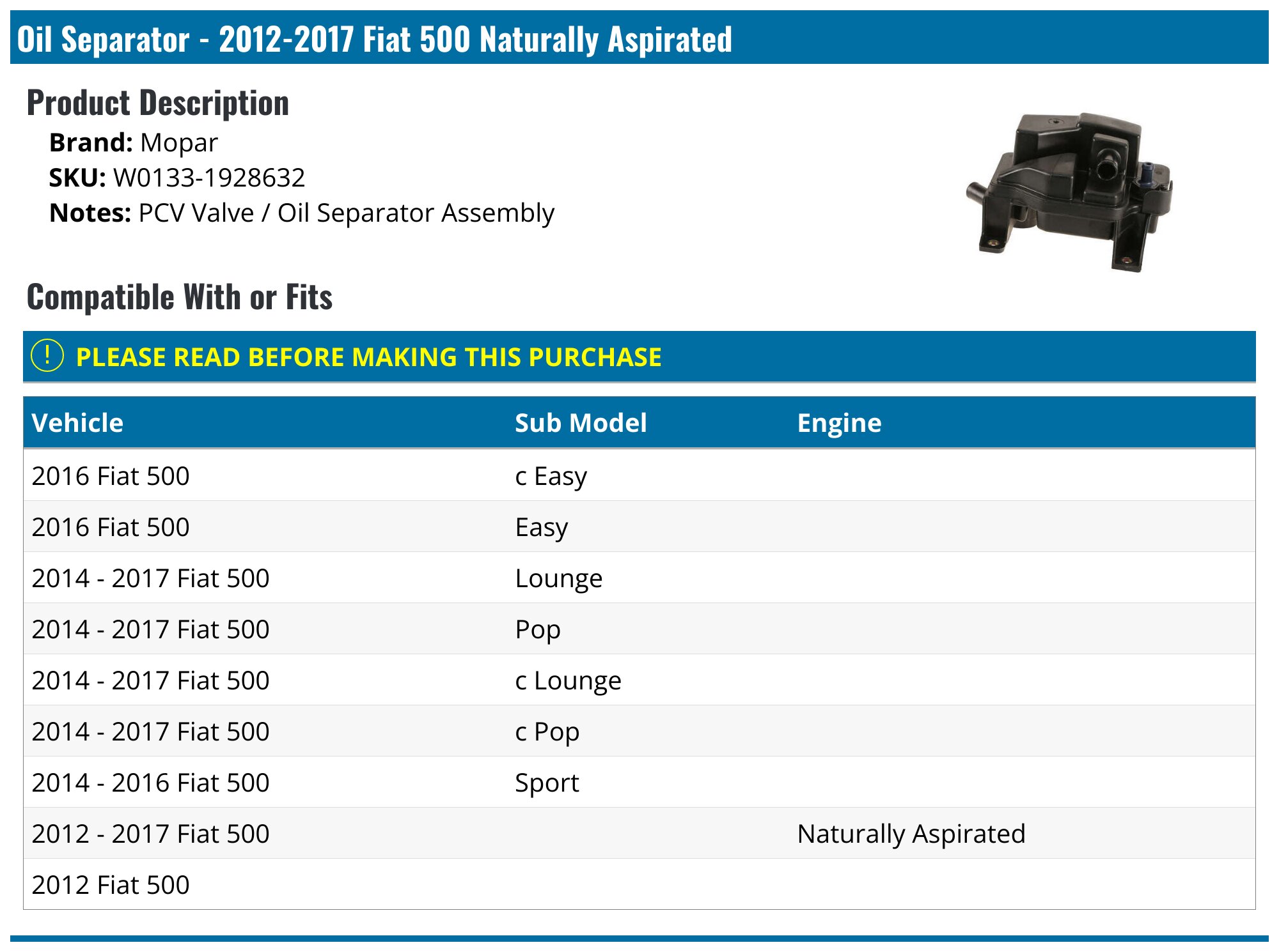 2012-2017 Fiat 500 Oil Separator - Mopar W0133-1928632 - PartsGeek.com