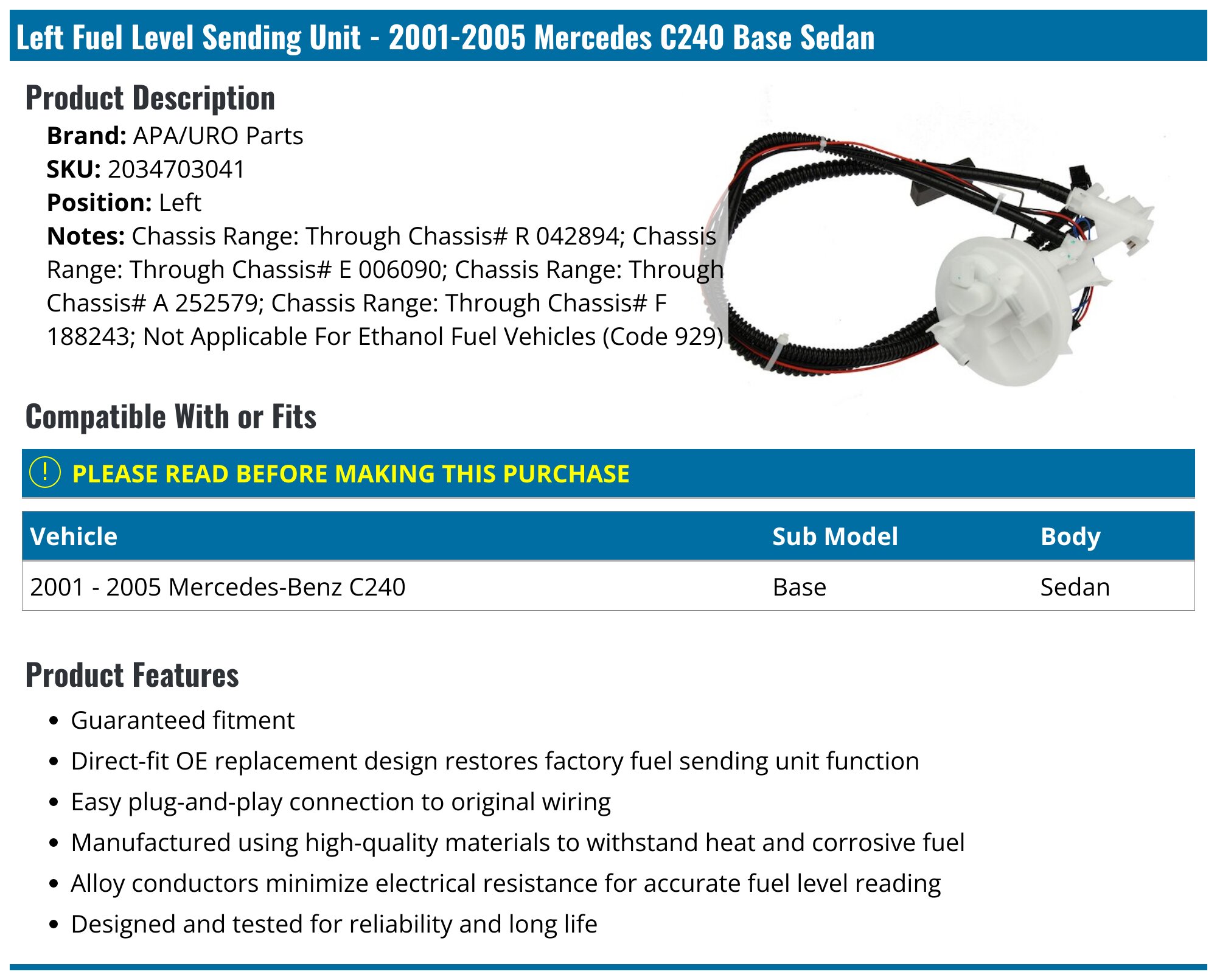 2001-2005 Mercedes C240 Fuel Tank Sending Unit - APA/URO Parts ...