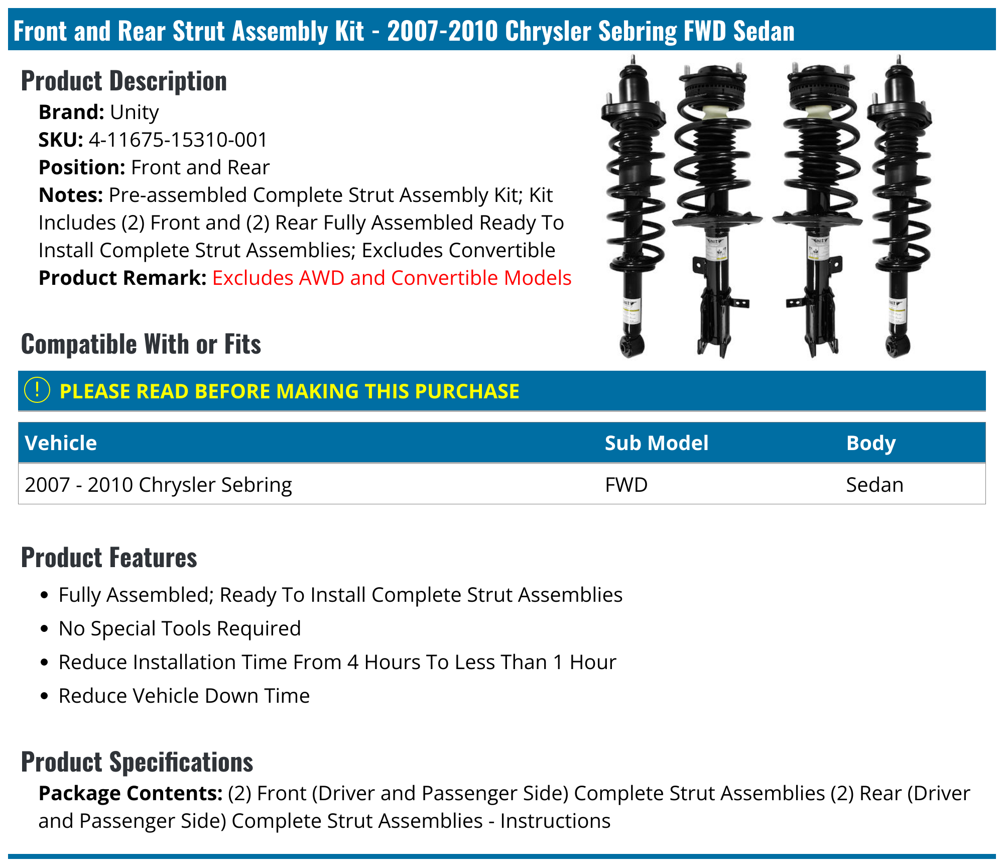 2007-2010 Chrysler Sebring Strut Assembly - Unity 4-11675-15310-001 ...