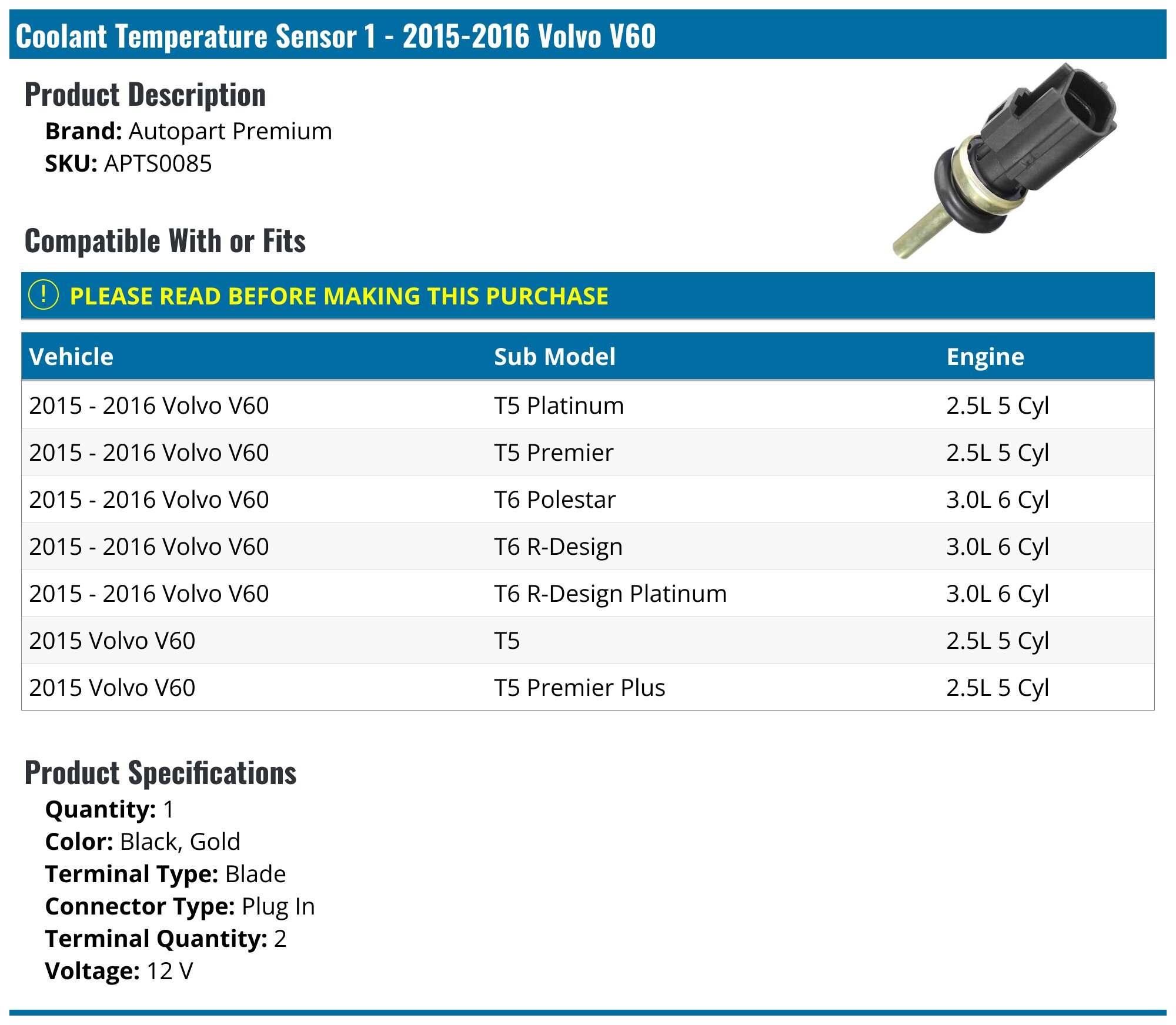 2015-2016 Volvo V60 Engine Coolant Temperature Sensor - Autopart ...