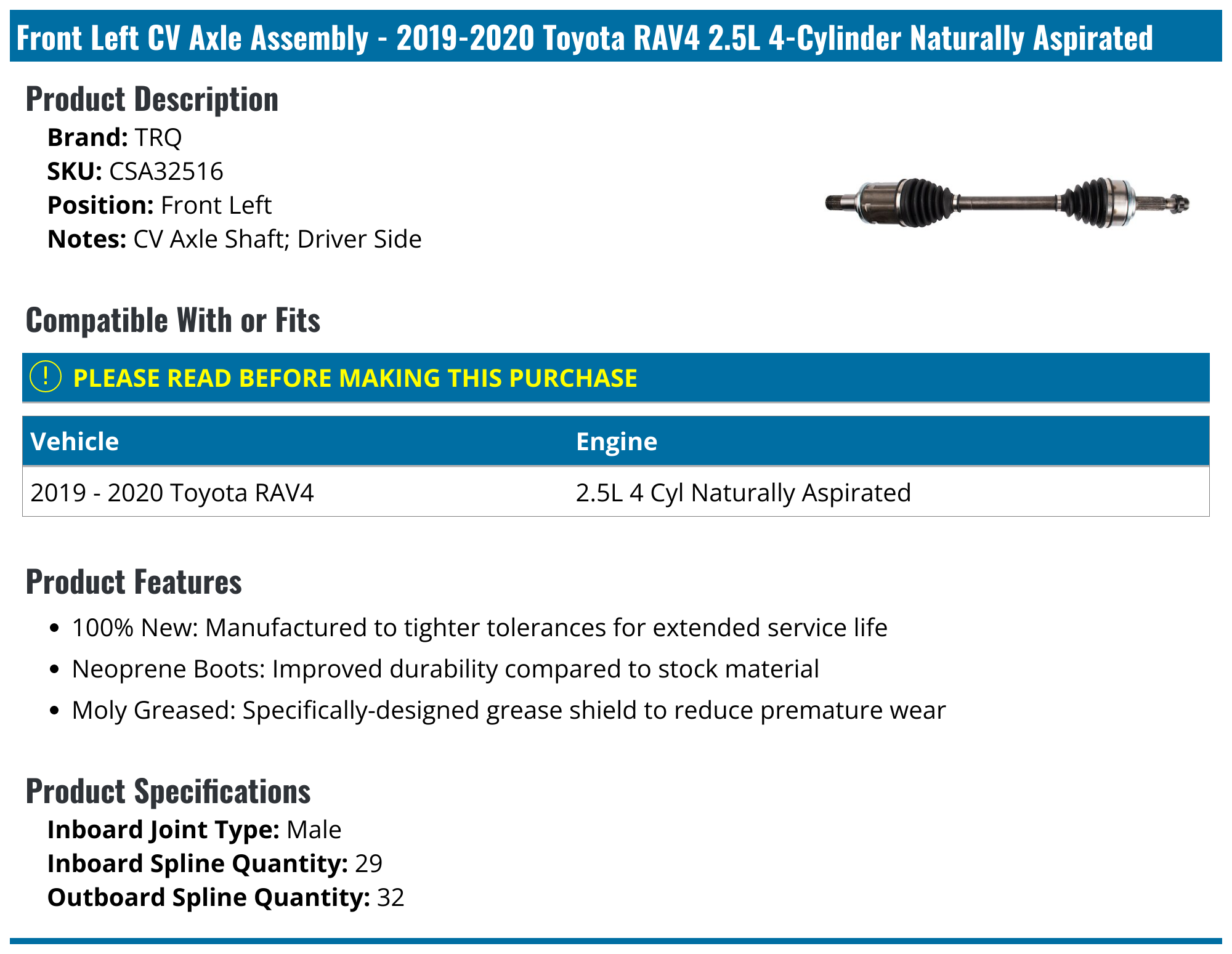 2019-2023 Toyota RAV4 Axle Assembly - TRQ CSA32516 - Front Left ...