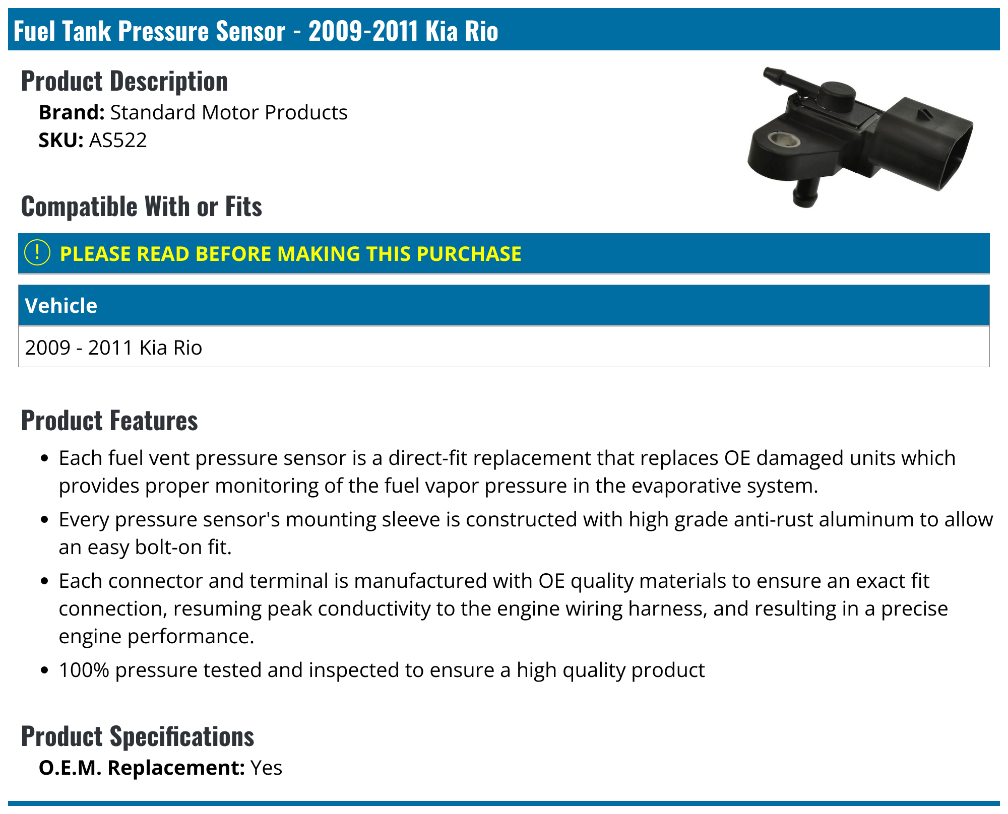 2009-2011 Kia Rio Fuel Tank Pressure Sensor - Standard Motor Products ...