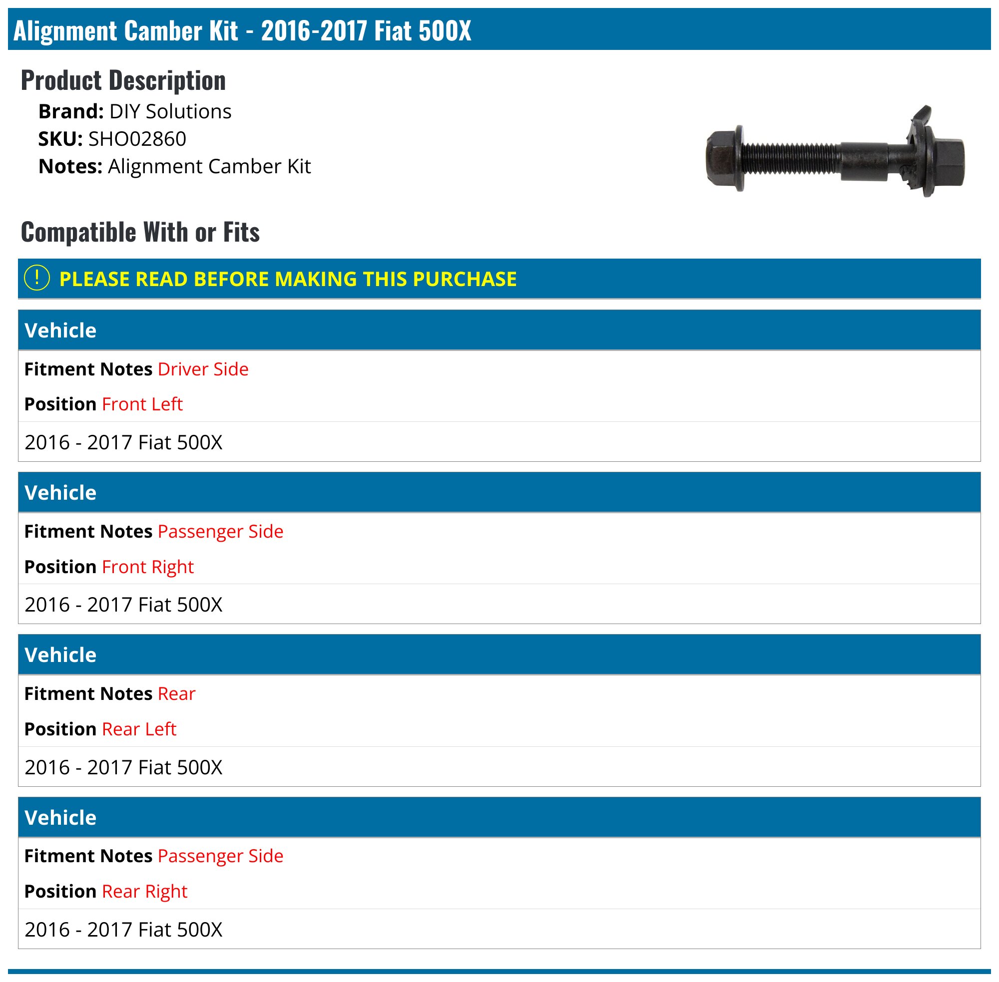 2016-2017 Fiat 500X Alignment Camber Kit - DIY Solutions SHO02860 ...
