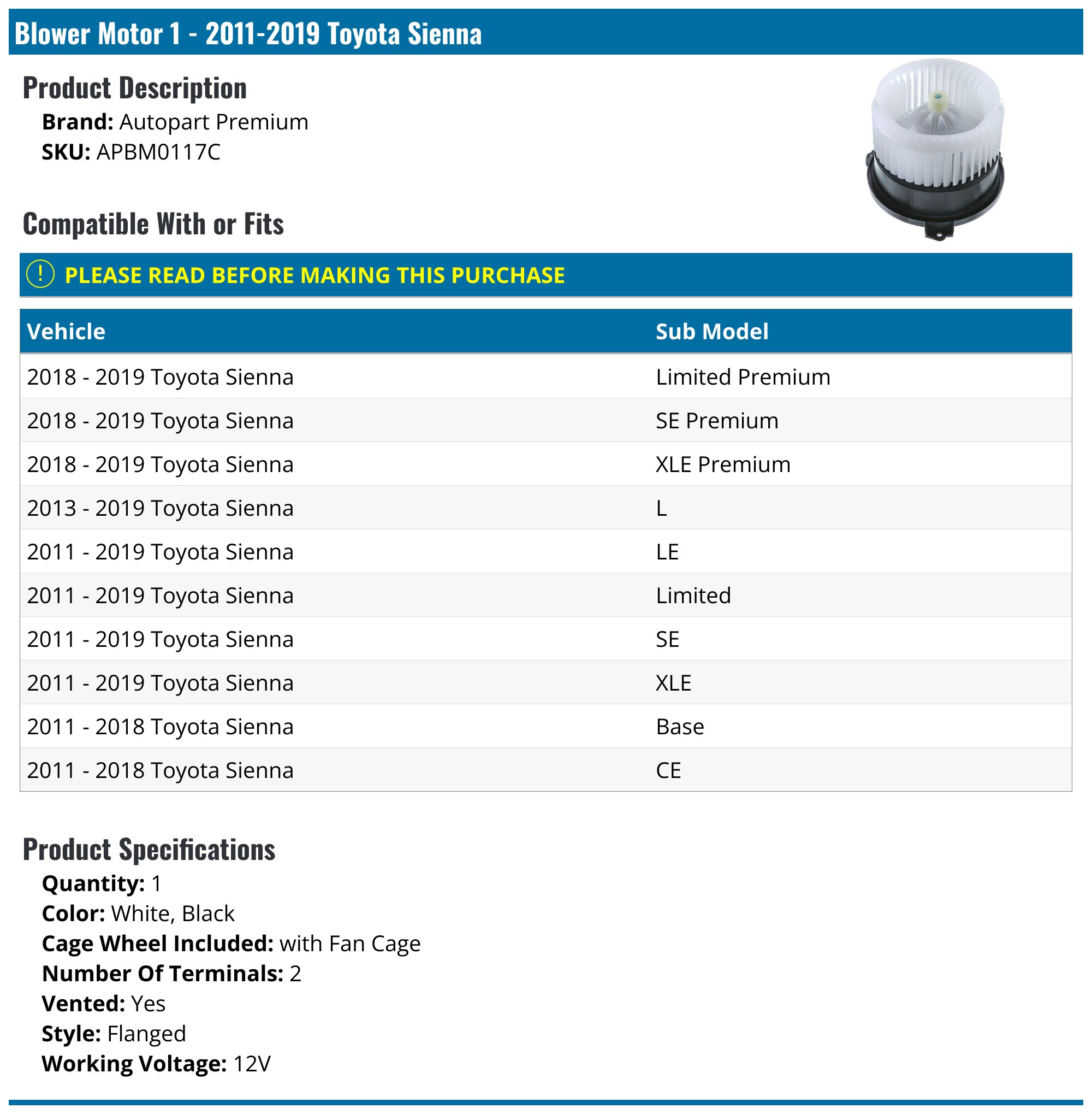 2011-2019 Toyota Sienna Blower Motor - Autopart Premium APBM0117C ...