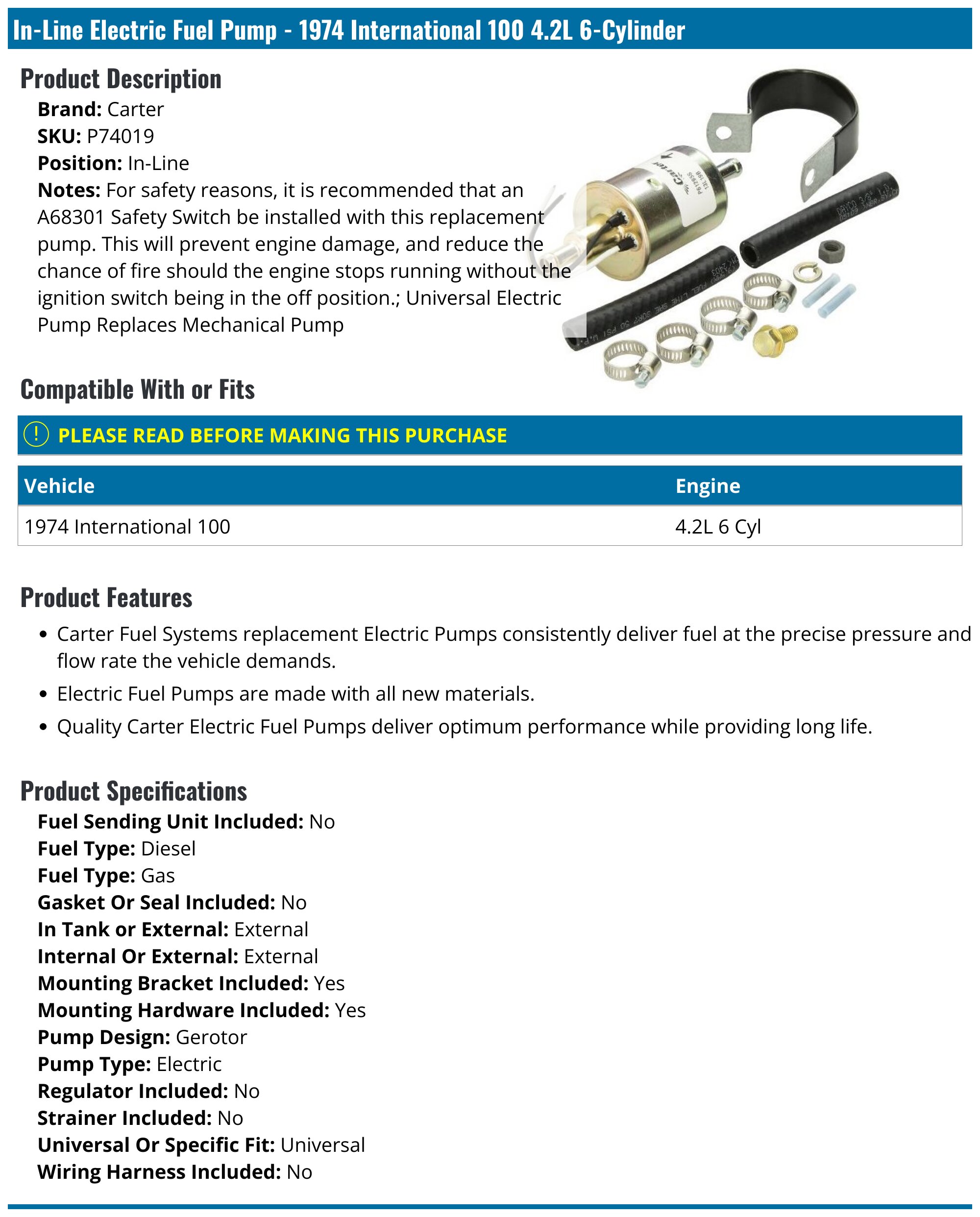 1974 International 100 Fuel Pump - Carter P74019 - In-Line - PartsGeek.com