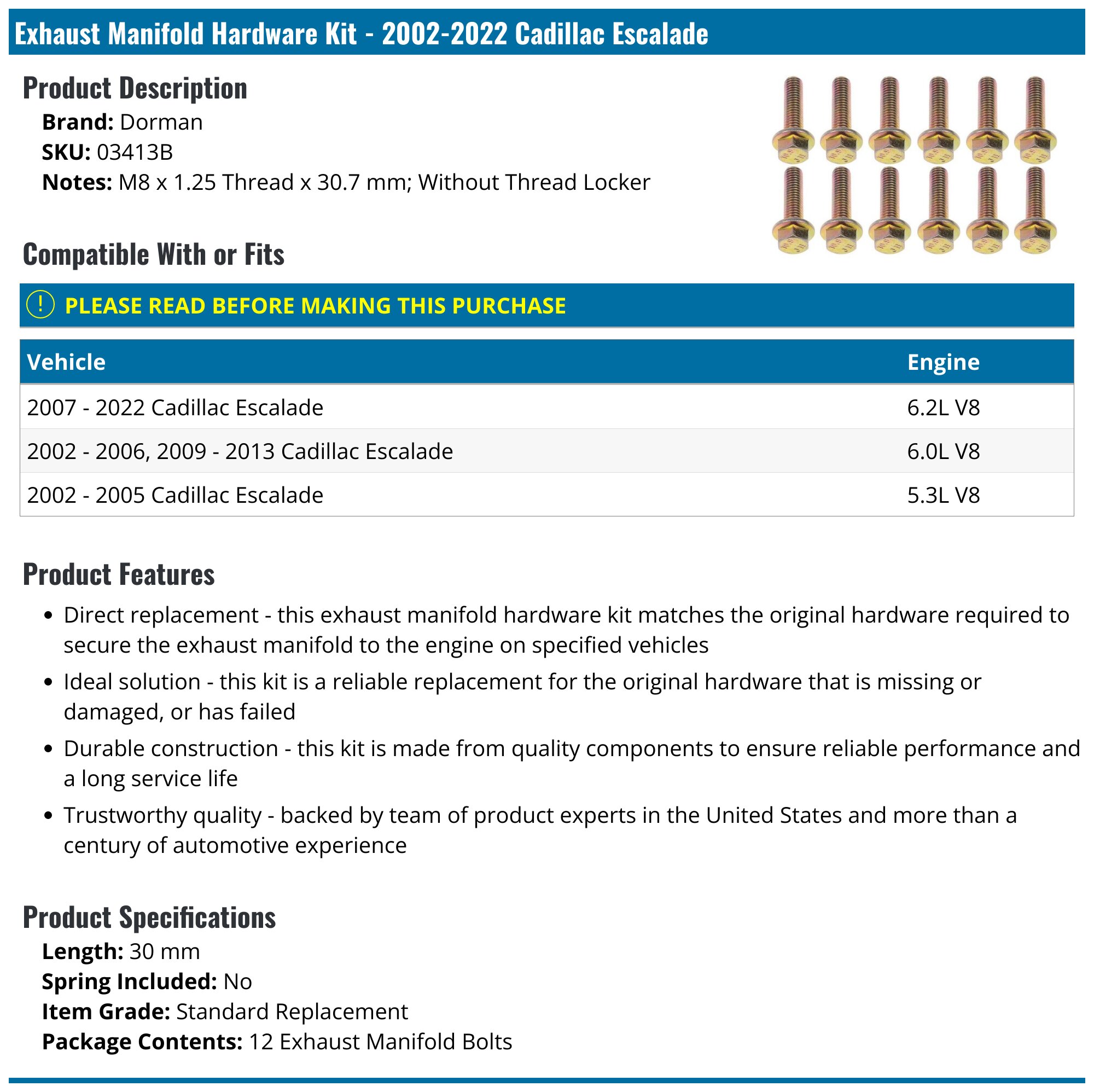2002-2022 Cadillac Escalade Exhaust Manifold - Dorman 03413B ...