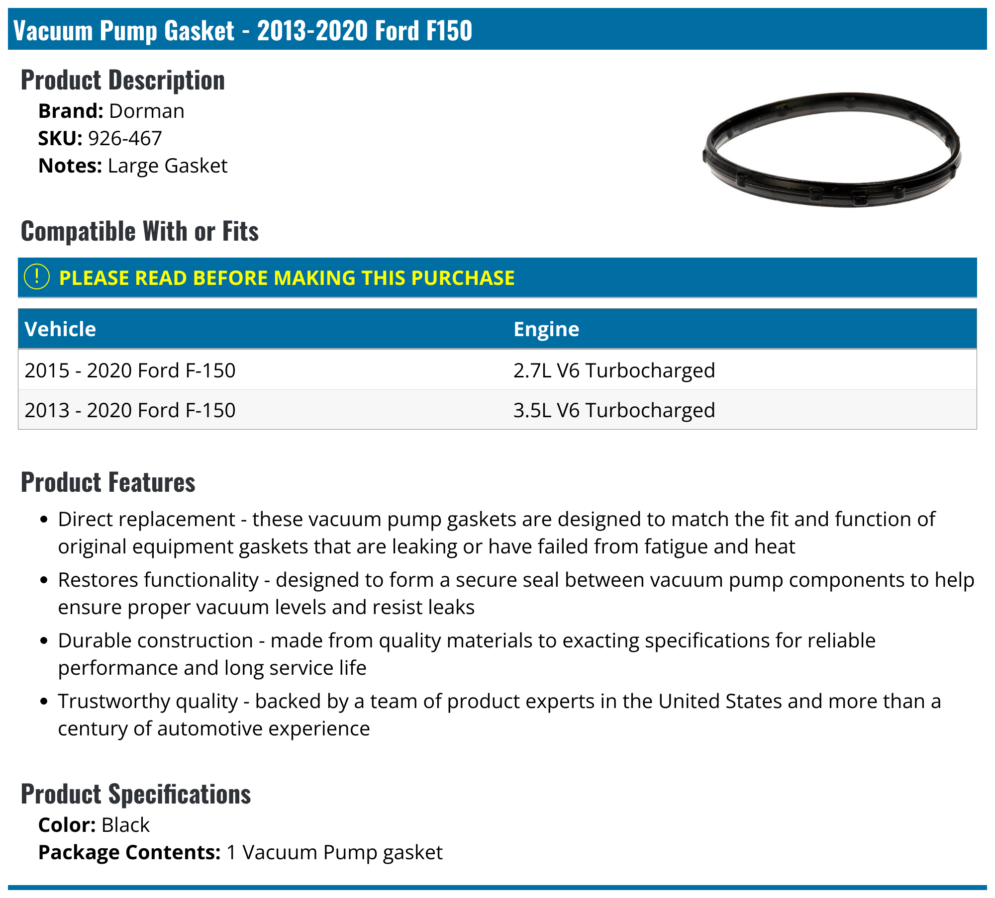 2013-2020 Ford F150 Vacuum Pump Gasket - Dorman 926-467 - PartsGeek.com