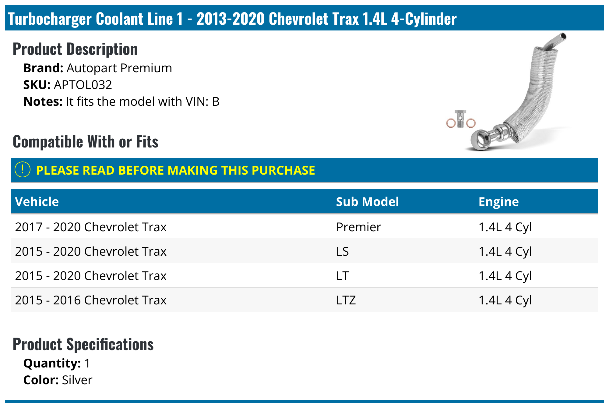 2013-2020 Chevrolet Trax Turbocharger Coolant Line - Autopart Premium ...