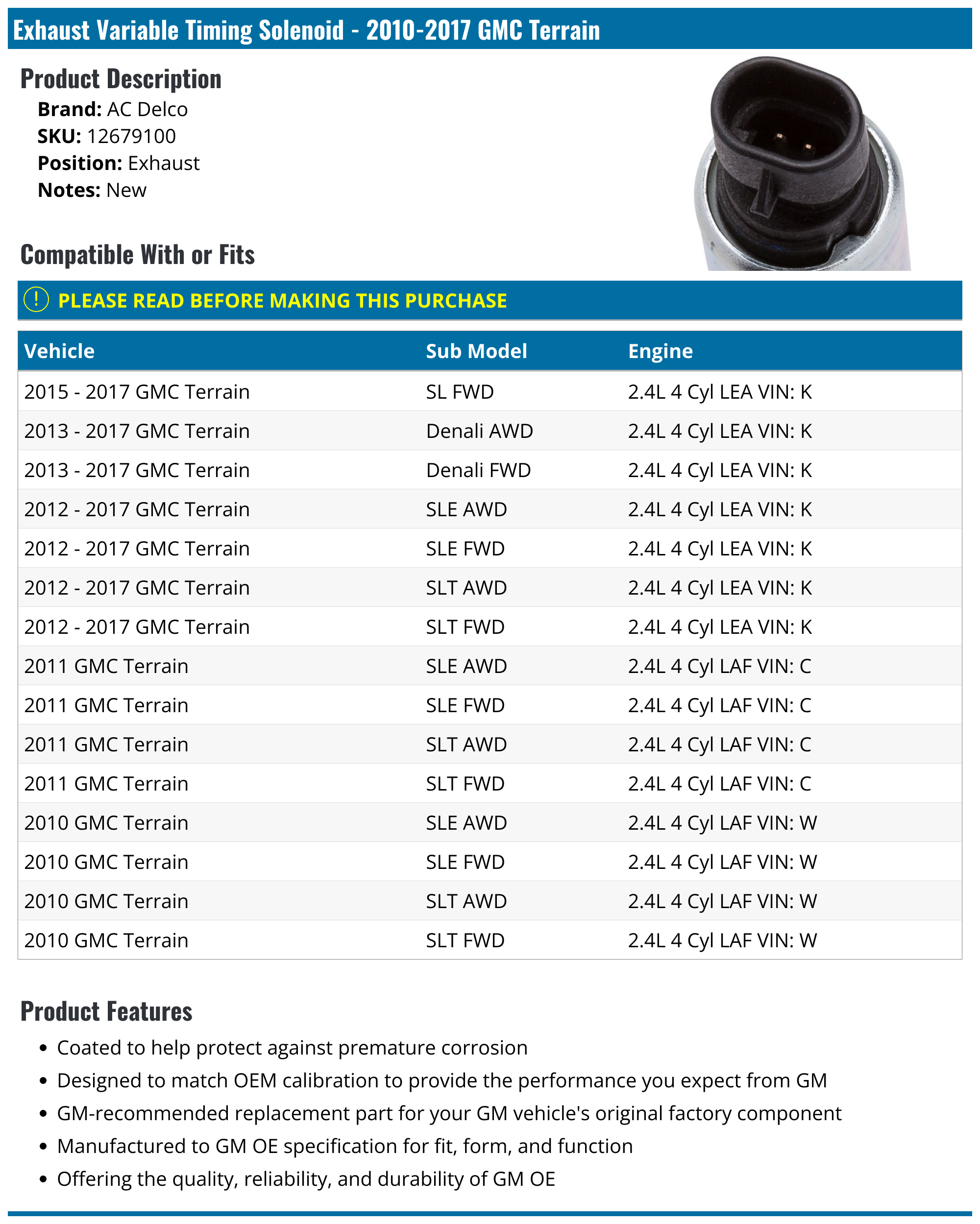 2010-2017 GMC Terrain Variable Timing Solenoid - AC Delco 12679100 ...