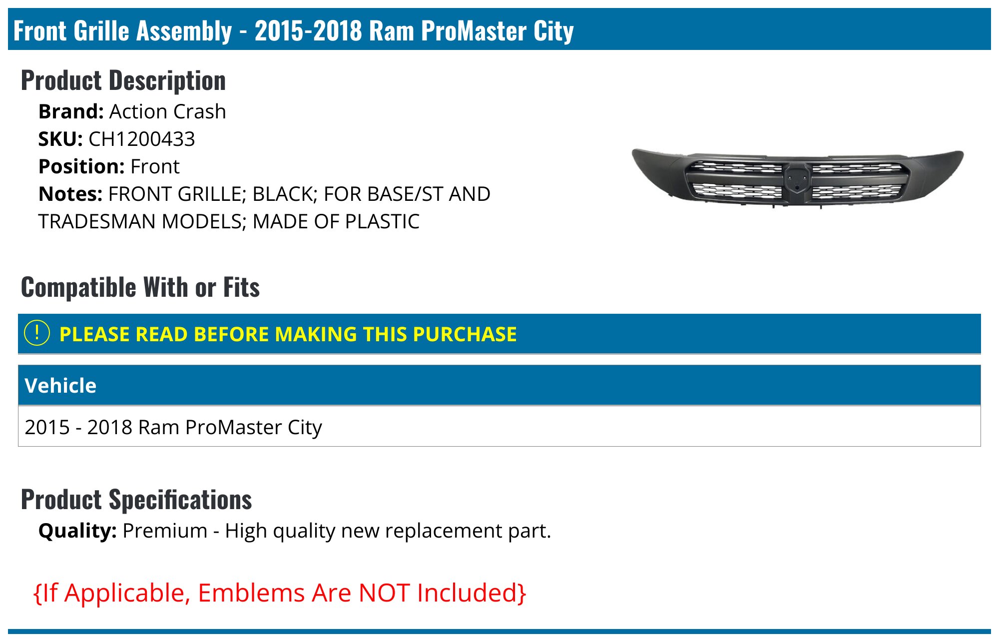 2015-2018 Ram ProMaster City Grille Assembly - Action Crash CH1200433 ...