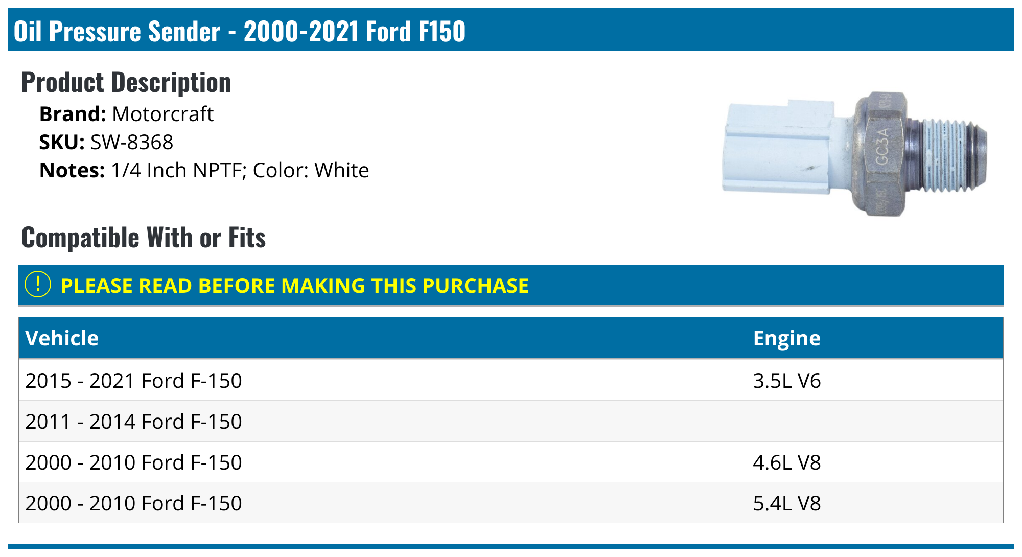 2000-2021 Ford F150 Oil Pressure Sender - Motorcraft SW-8368 ...