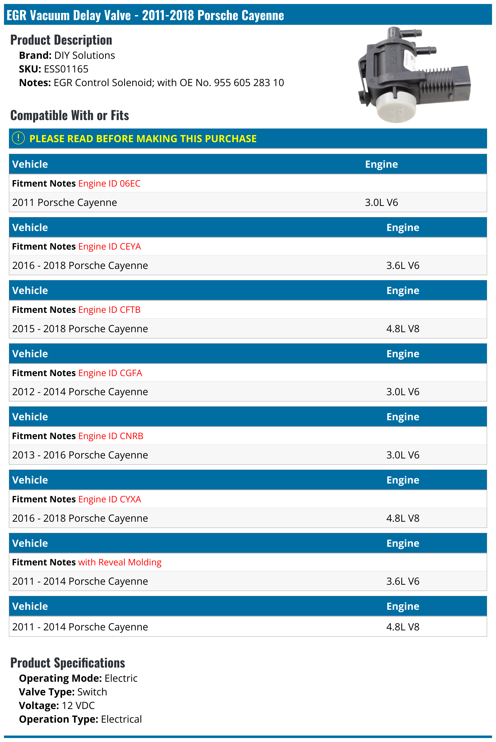 2011-2018 Porsche Cayenne EGR Vacuum Delay Valve - DIY Solutions ...