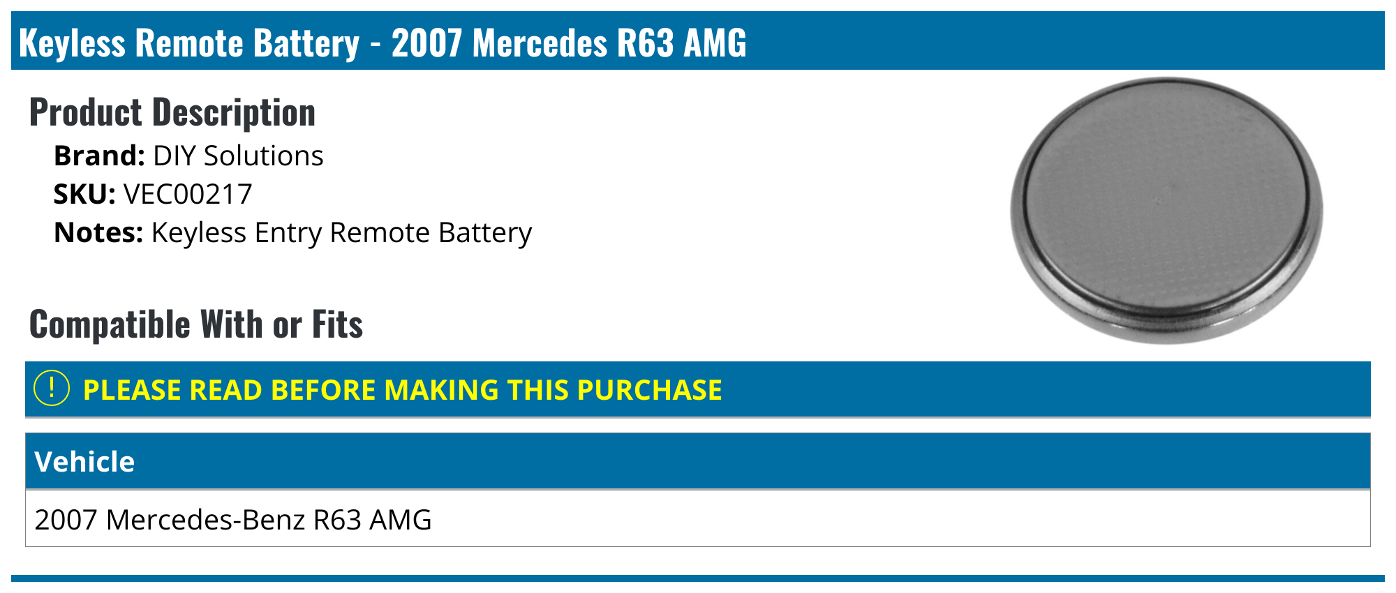 2007 Mercedes R63 AMG Keyless Remote Battery - DIY Solutions VEC00217 ...