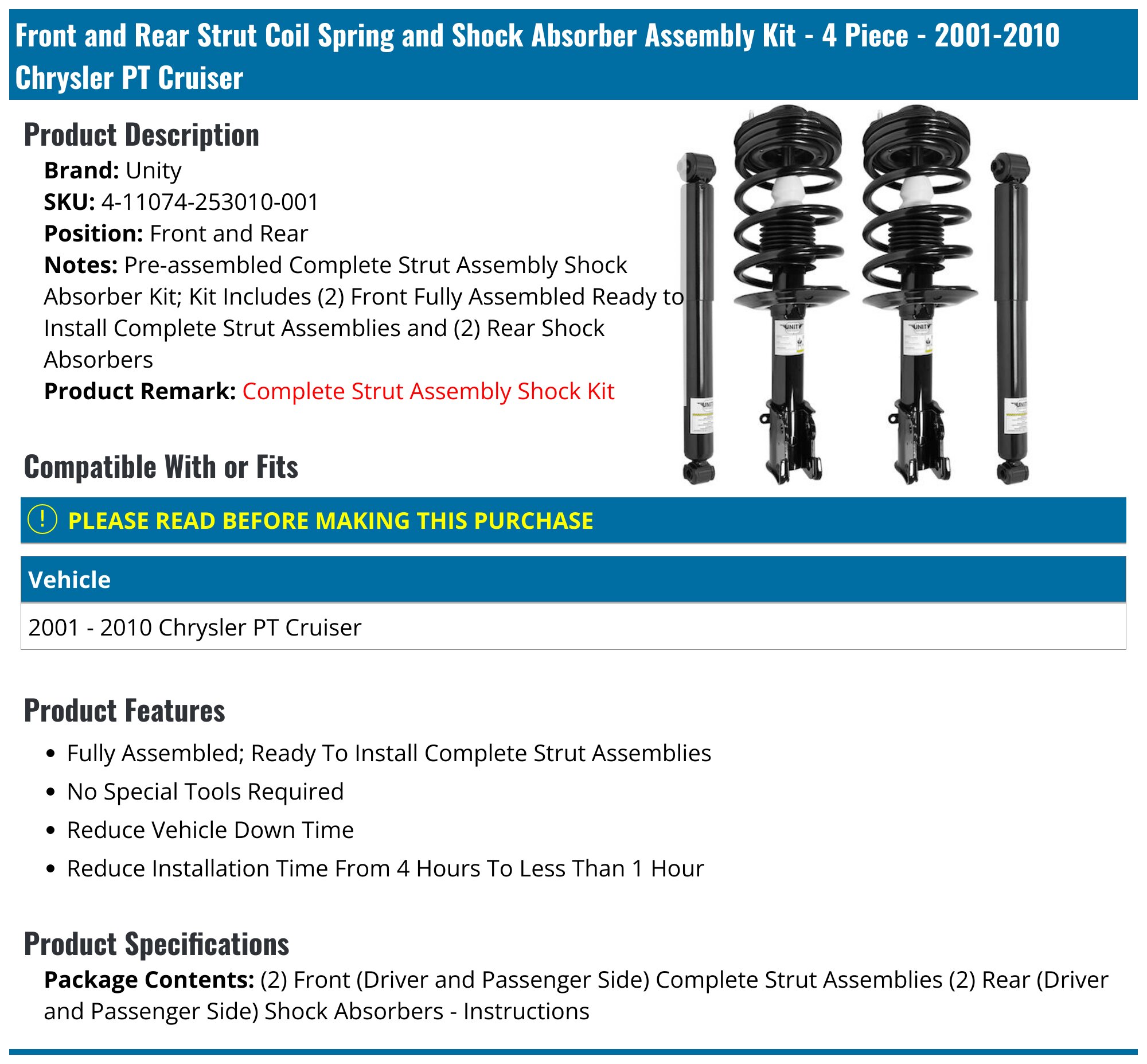 2001-2010 Chrysler PT Cruiser Strut Assembly - Unity 4-11074-253010-001 ...