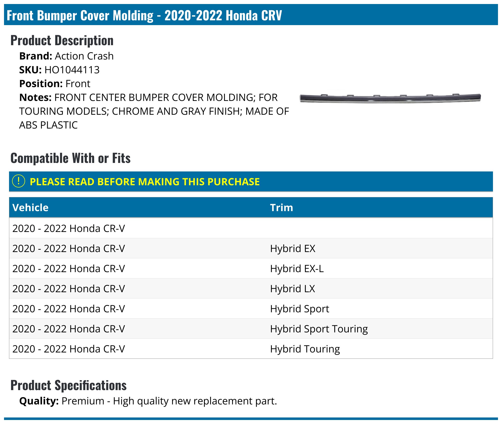 2020-2022 Honda CRV Bumper Cover Molding - Action Crash HO1044113 ...