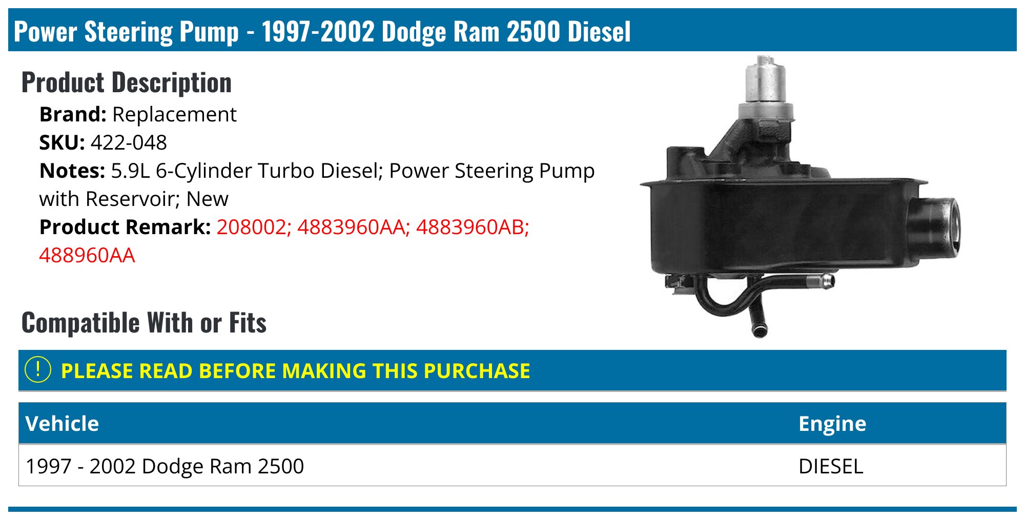 1997-2002 Dodge Ram 2500 Power Steering Pump - Replacement 422-048 ...