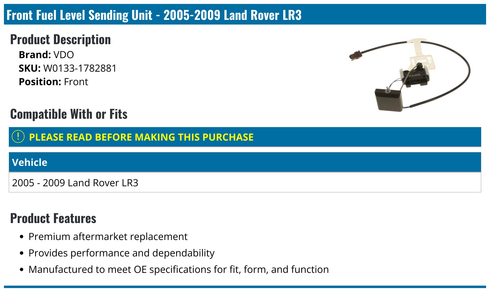 2005-2009 Land Rover LR3 Fuel Tank Sending Unit - VDO W0133-1782881 ...