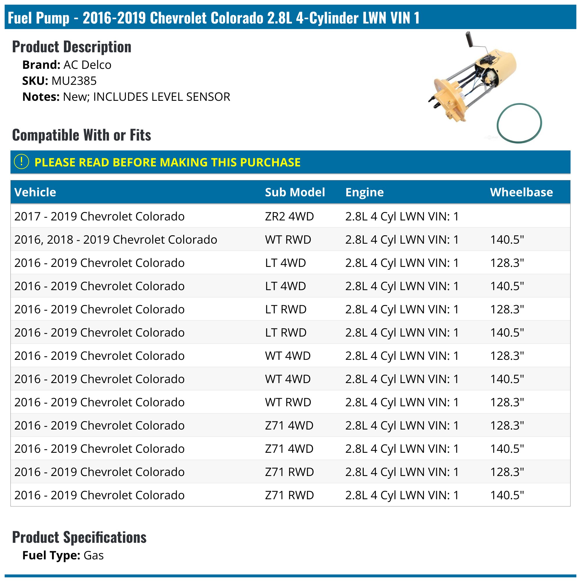 2016-2019 Chevrolet Colorado Fuel Pump - AC Delco MU2385 - PartsGeek.com