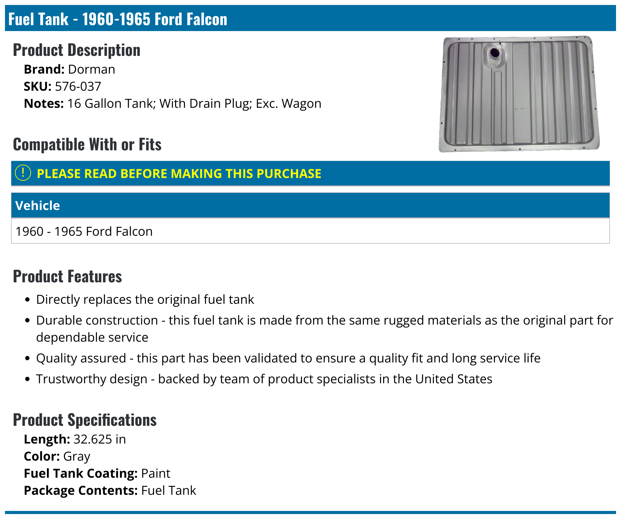 1960-1965 Ford Falcon Fuel Tank - Dorman 576-037 - PartsGeek.com