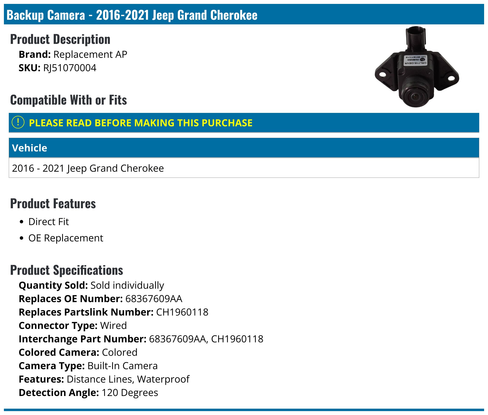 2019-2021 Jeep Grand Cherokee Backup Camera - Replacement AP RJ51070004 ...