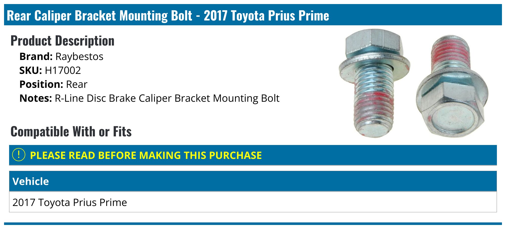 2017 Toyota Prius Prime Caliper Bracket Mounting Bolt - Raybestos ...