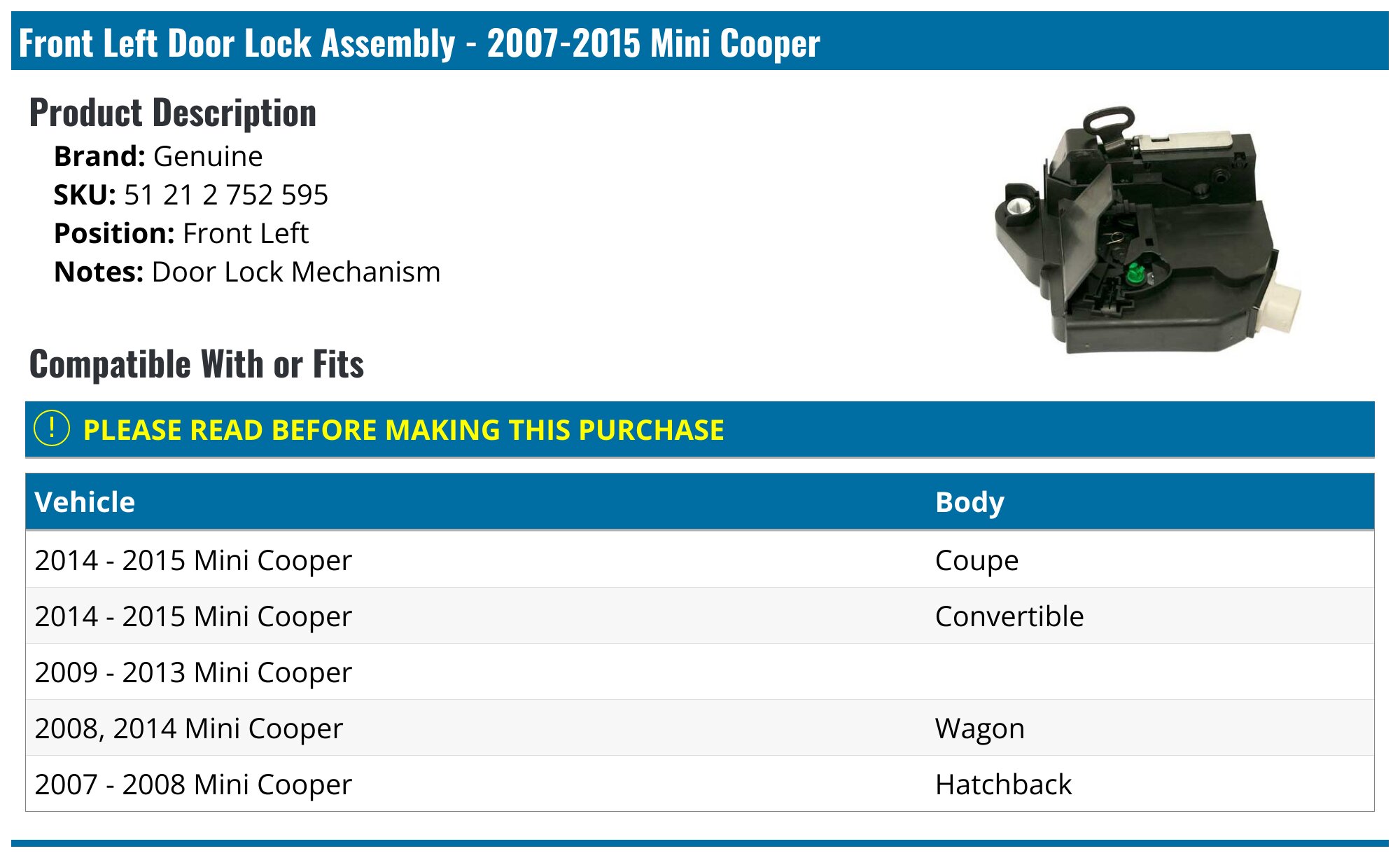 2007-2015 Mini Cooper Door Lock Actuator - Genuine 51 21 2 752 595 - Front Left - PartsGeek.com