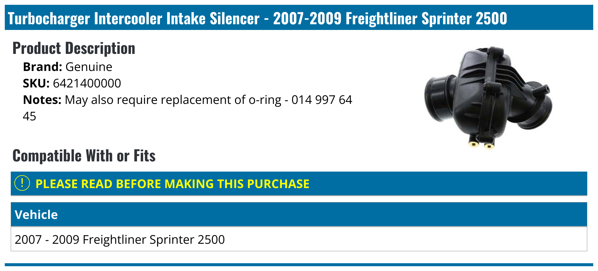 2007-2009 Freightliner Sprinter 2500 Turbocharger Intercooler Intake ...