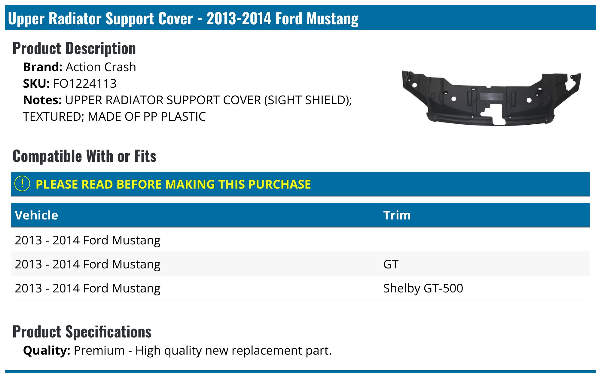 2013-2014 Ford Mustang Radiator Support Cover - Action Crash FO1224113 ...